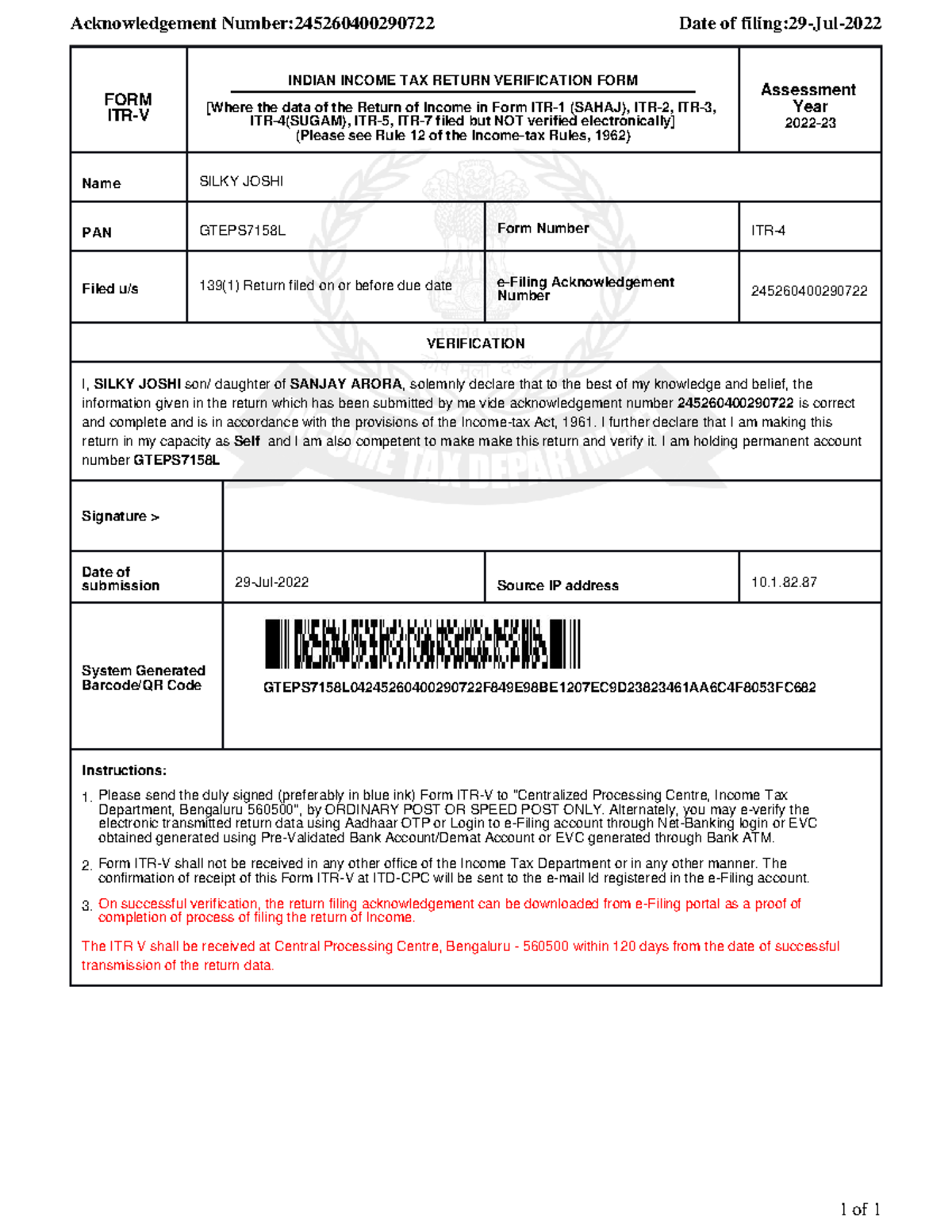 ITR-V Acknowledgement Form for Income Tax Return 2022 - 245260400290722 ...