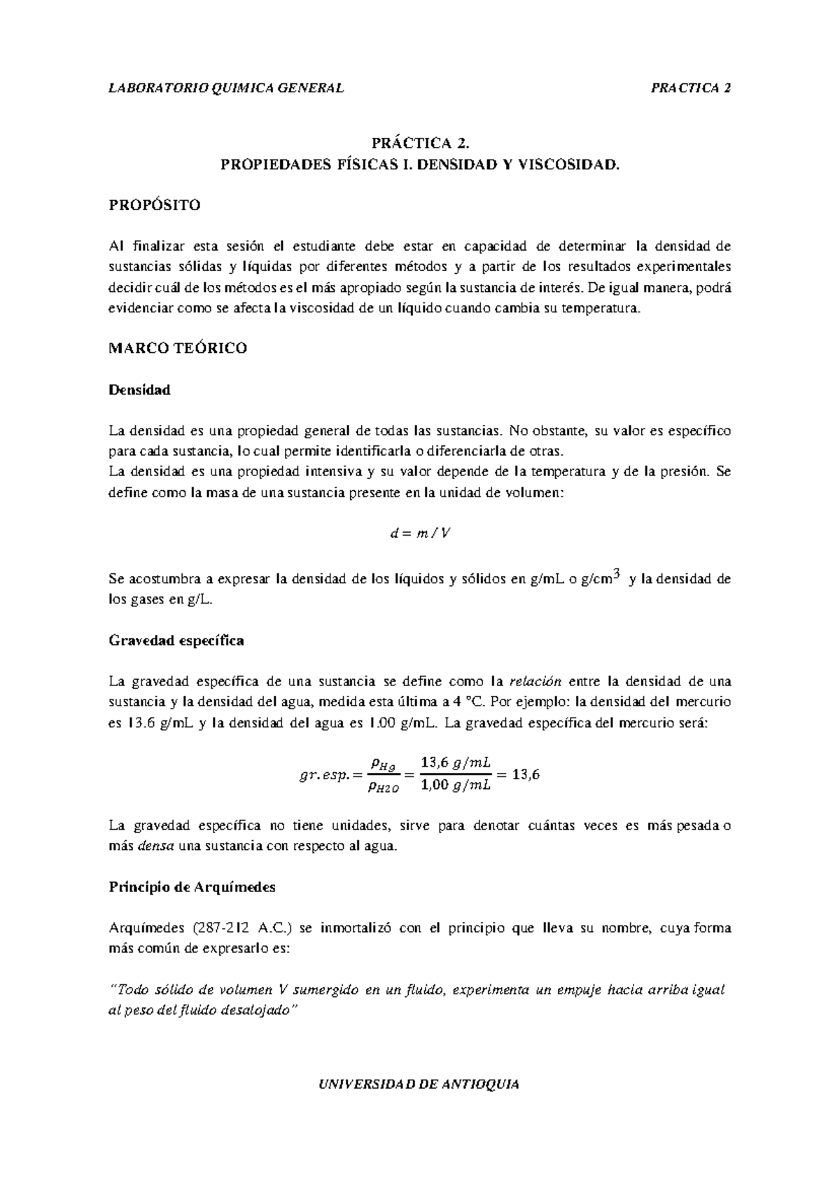 Práctica 2: Densidad y Viscosidad - Propiedades Físicas I - Studocu