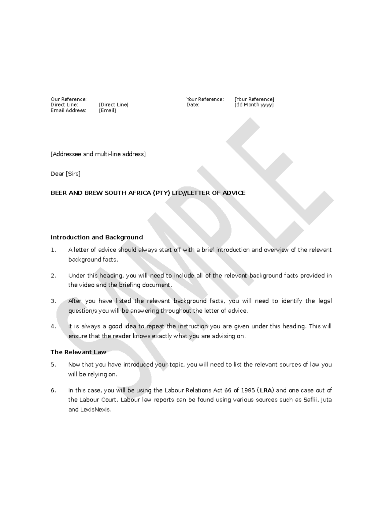 LRA Letter of Advice Template for Beer and Brew SA (Pty) Ltd - Studocu