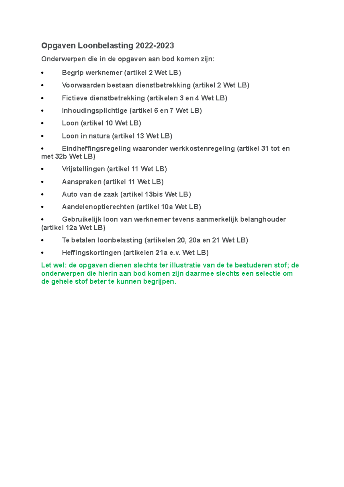 Opgaven Loonbelasting Week 2 - Voorbereiding op Examens Wet LB ...