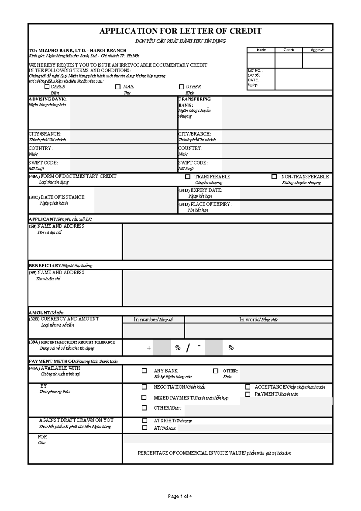 Hni application for letter of credit issuance - TO: MIZUHO BANK, LTD ...