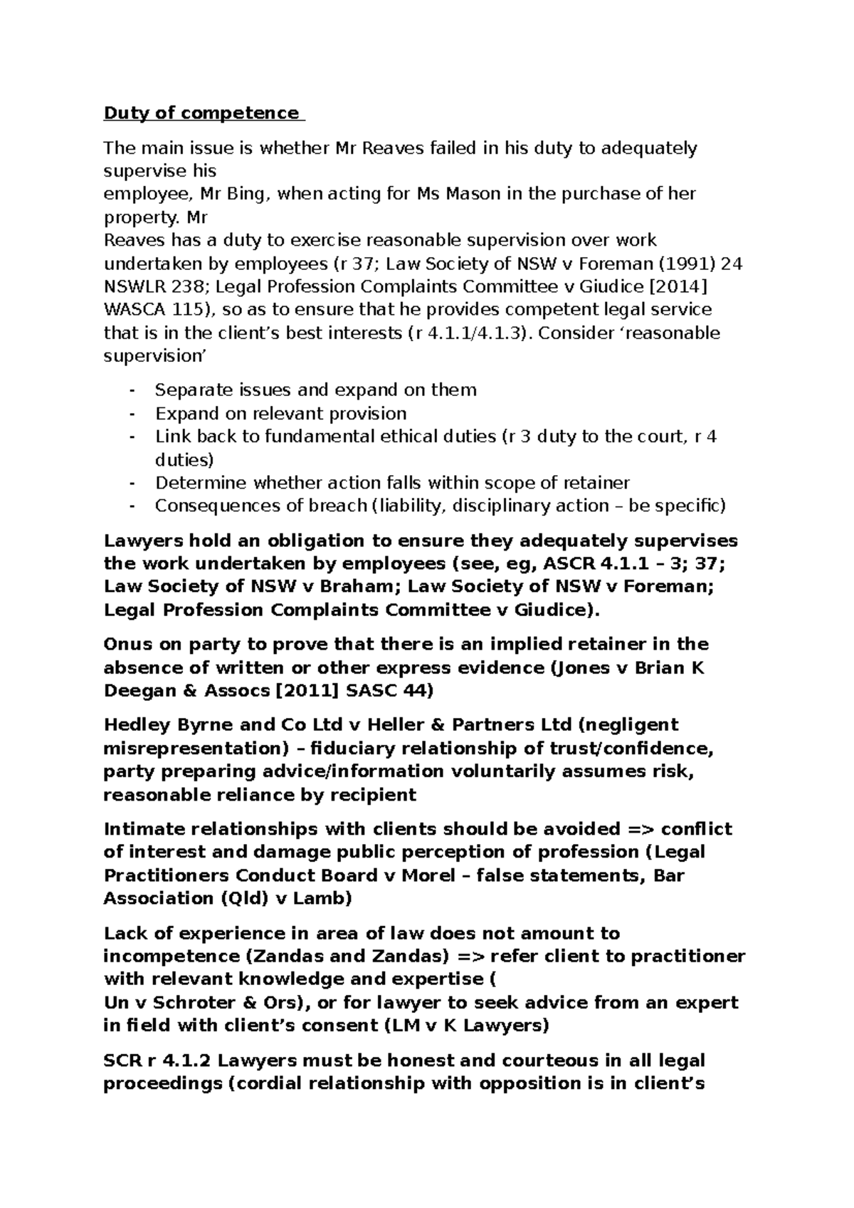 Ethics Notes: Duty of Competence in Legal Supervision - Studocu