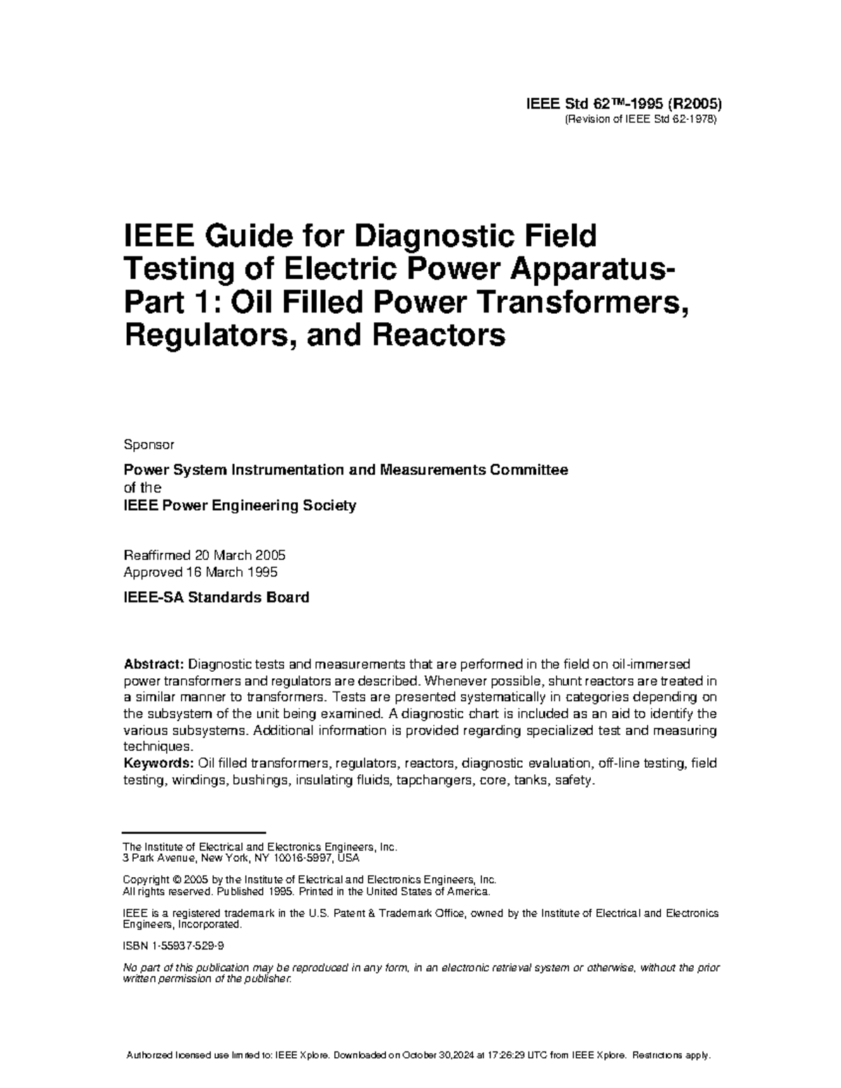 IEEE Std 62-1995: Guide for Diagnostic Testing of Oil-Filled ...
