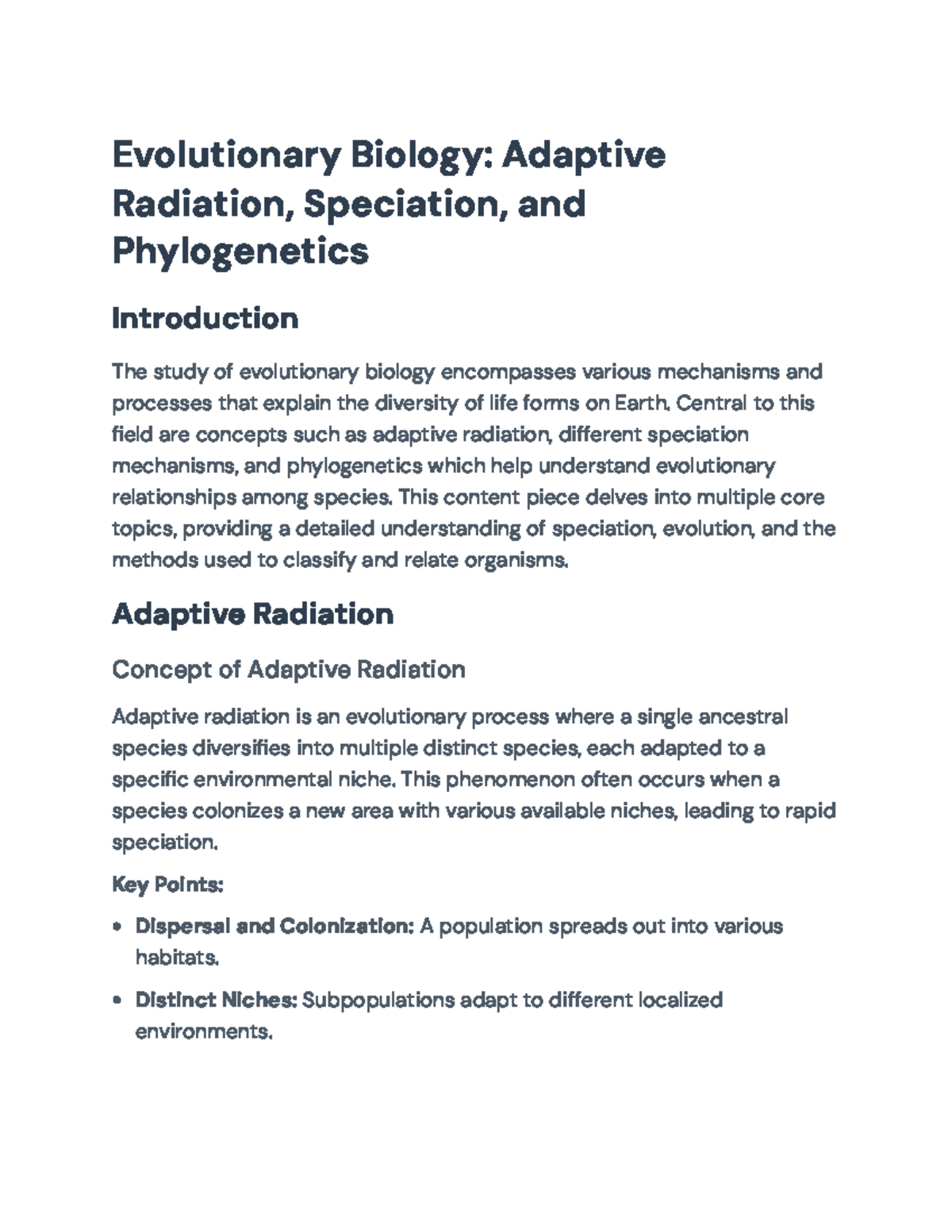 Evolutionary Biology: Adaptive Radiation, Speciation, and Phylogenetics ...