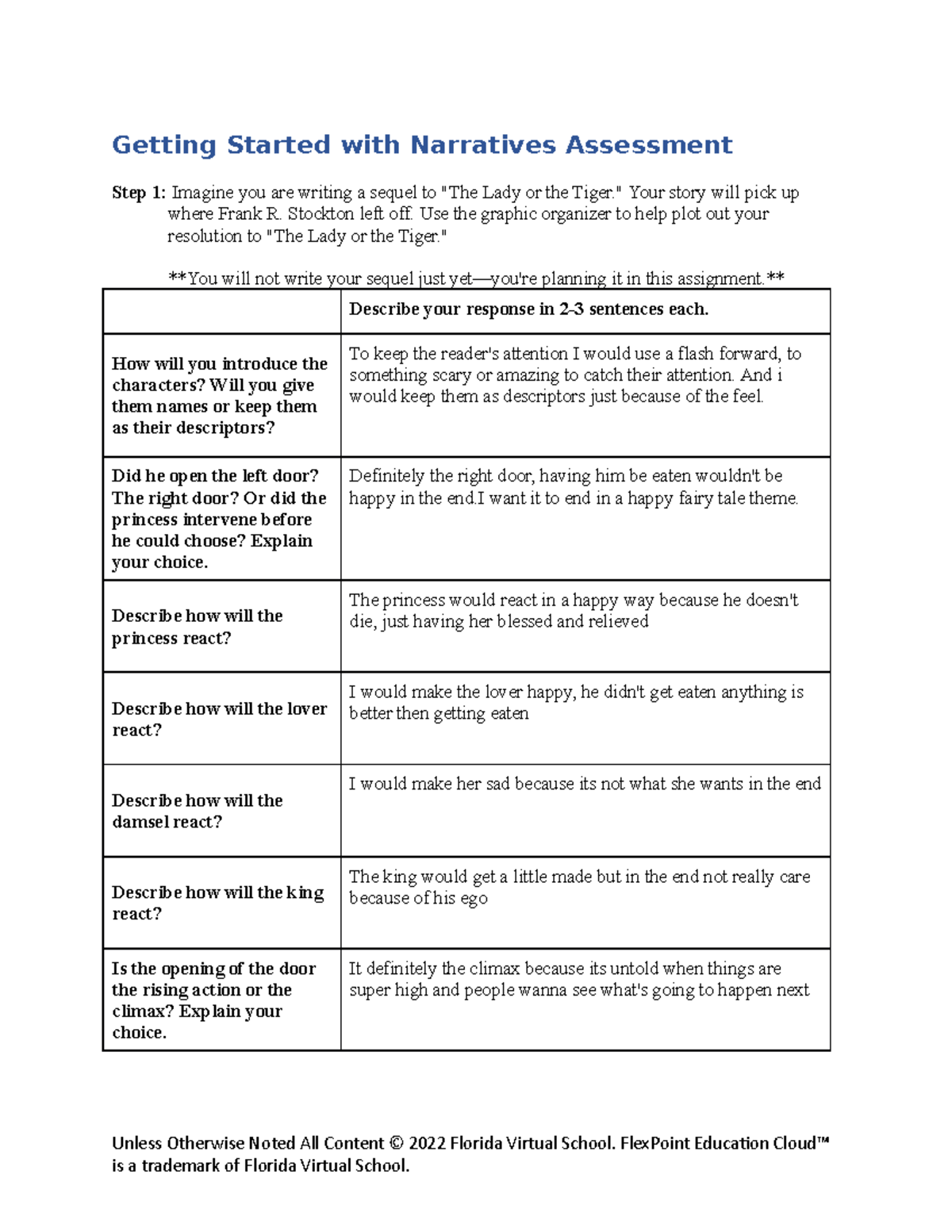 2.01 Getting Started with Narratives Assessment: Planning a Sequel ...