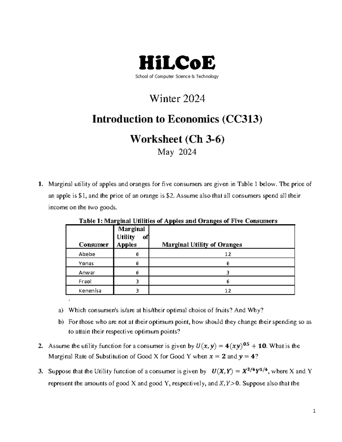 HiLCoE CC313 Winter 2024 Economics Worksheet (Ch 3-6) - Studocu