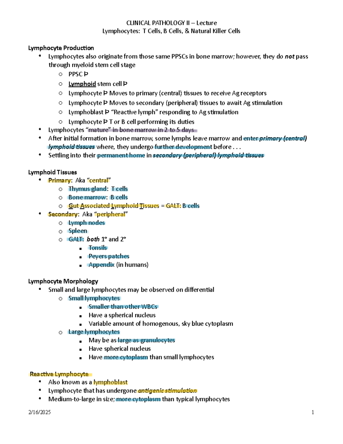 Clinical Pathology II - Lecture Notes on Lymphocyte Functions and Types ...