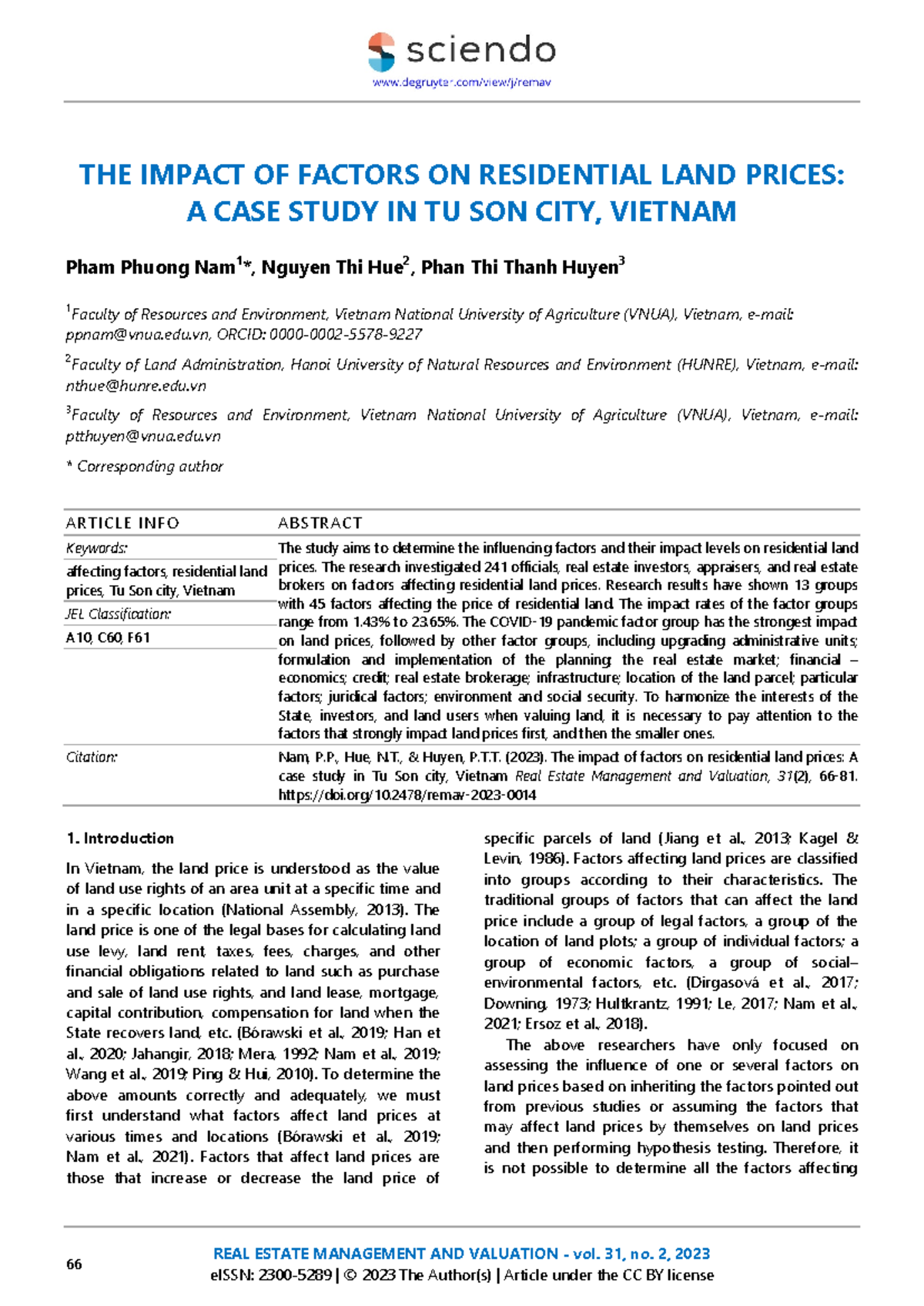 Factors Influencing Residential Land Prices: A Case Study in Tu Son ...