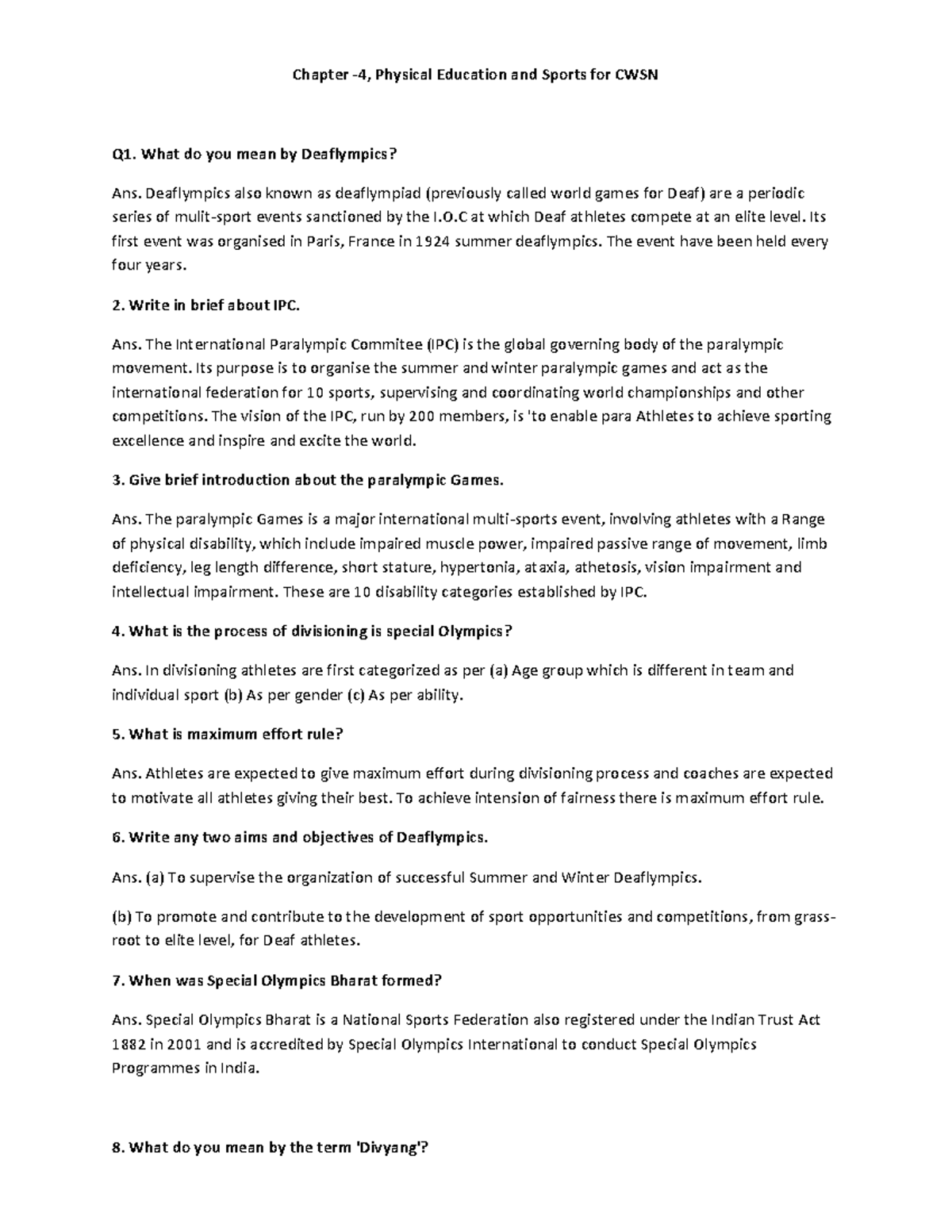 Ped - Practice papers for physical education - Chapter - 4, Physical ...