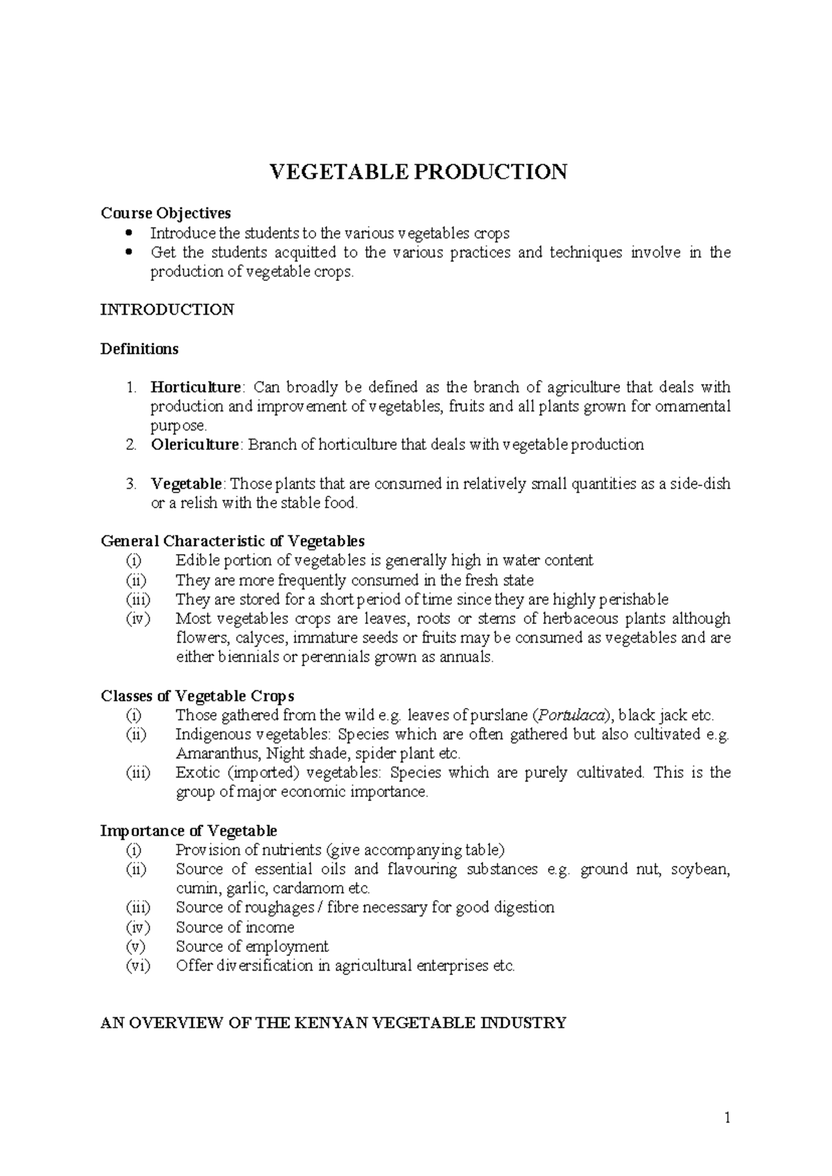 VEGETABLE PRODUCTION (AGRIC 101): Comprehensive Course Overview and ...