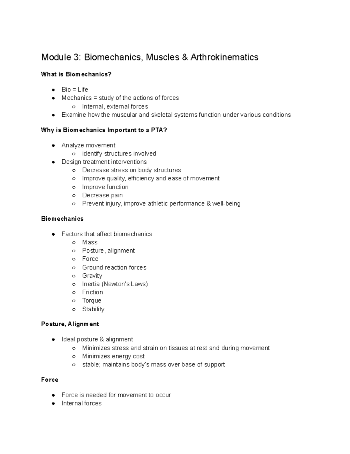 Module 3: Overview of Biomechanics, Muscles & Arthrokinematics - Studocu