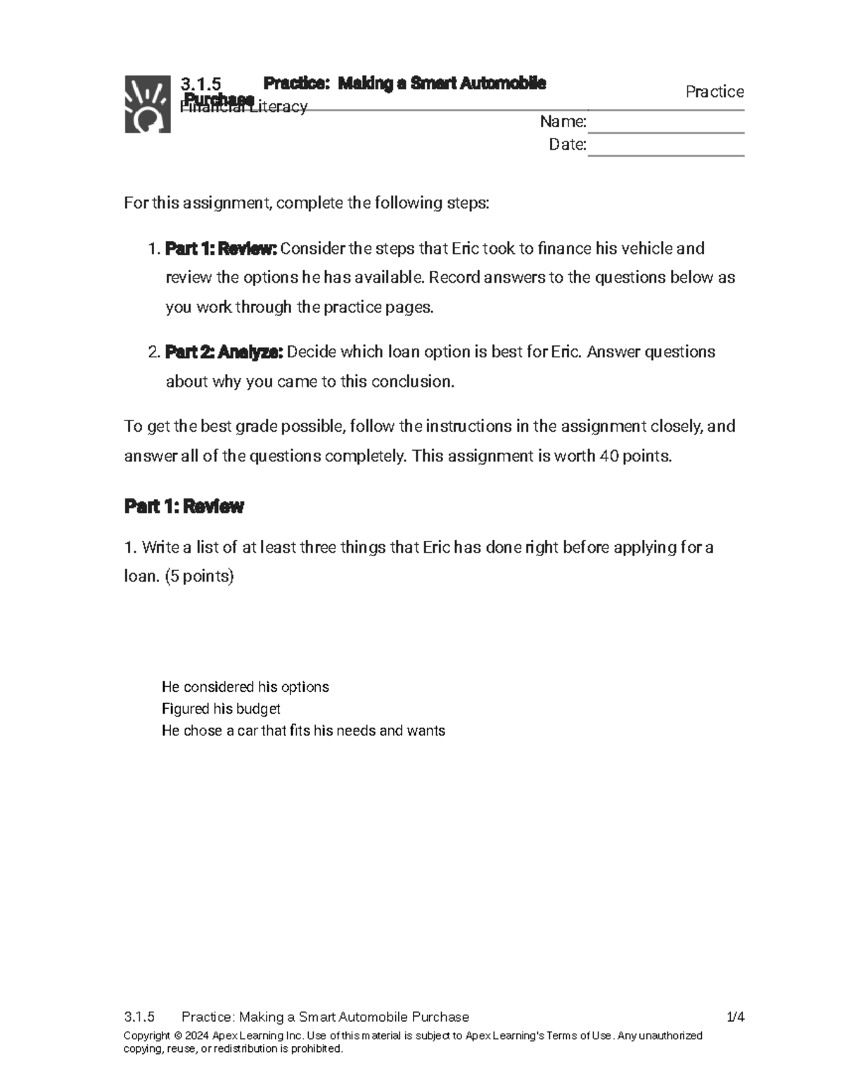 3.1.5 Practice: Smart Automobile Purchase & Financing Analysis - Studocu