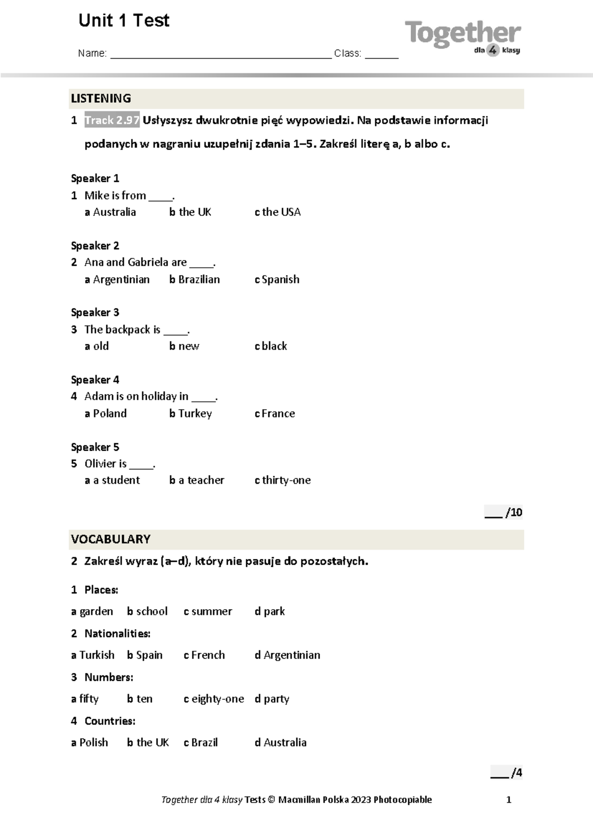 Together KL4 Unit 1 Test for Dyslexic Students (Listening & Grammar ...