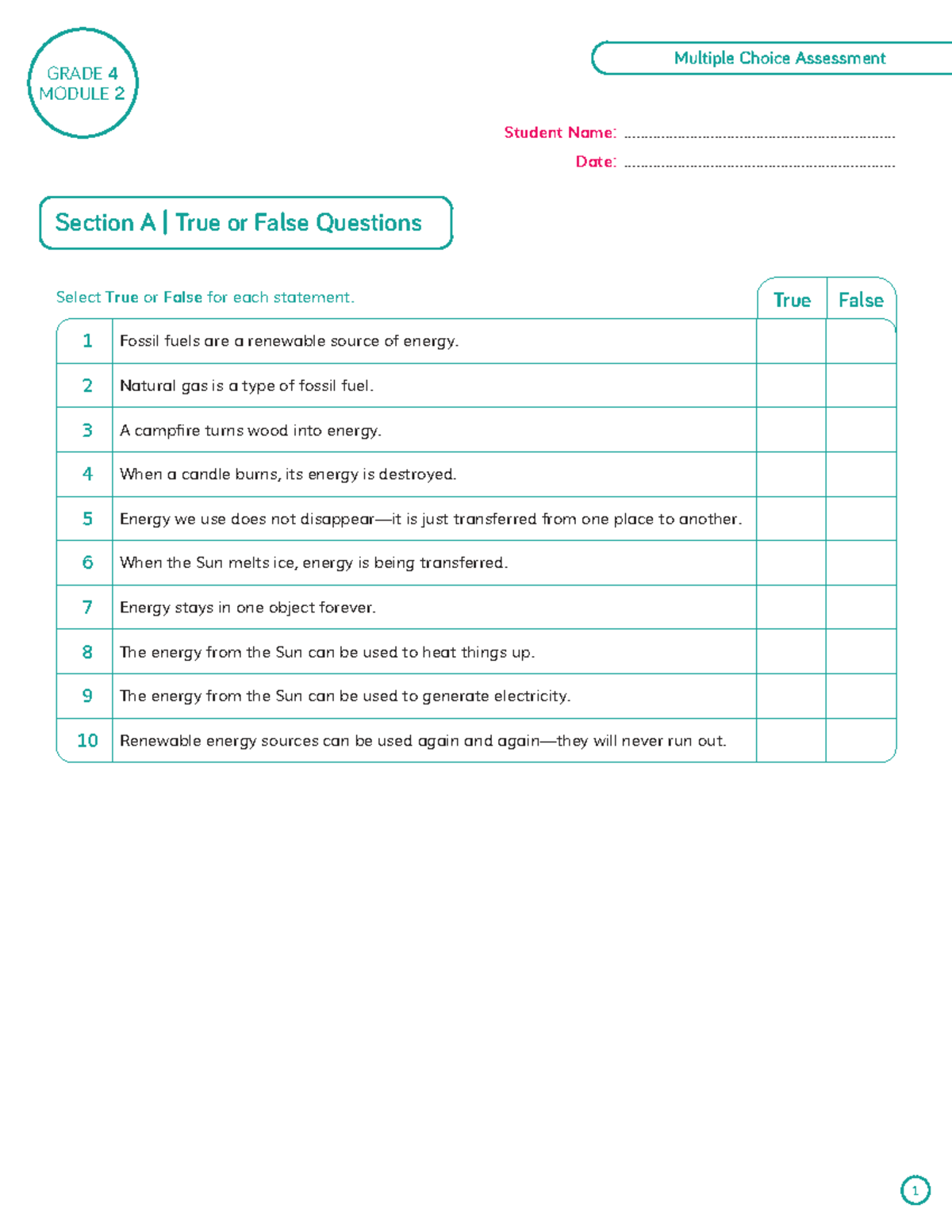 Grade 4 Energy Sources: True/False & MC Assessment (Module 2) - Studocu