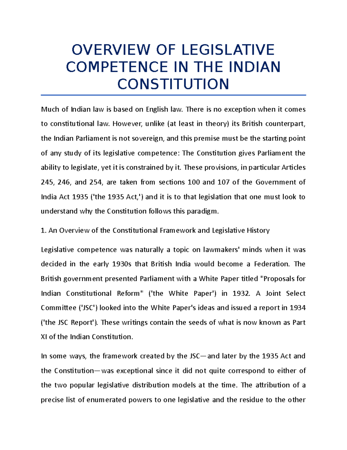 Overview OF Legislative Competence IN THE Indian Constitution ...