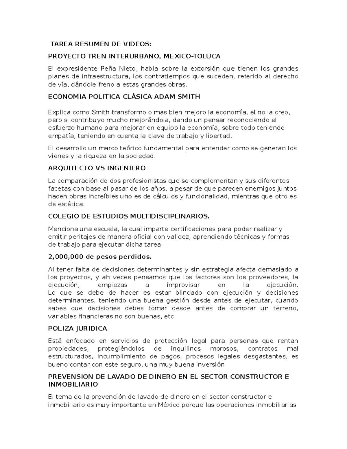 TAREA RESUMEN DE VIDEOS: INFRAESTRUCTURA Y ECONOMÍA - Studocu