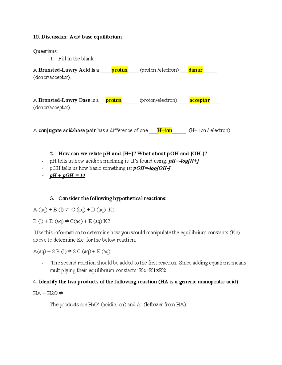 10. Discussion Acid base equilibrium - Discussion: Acid base ...