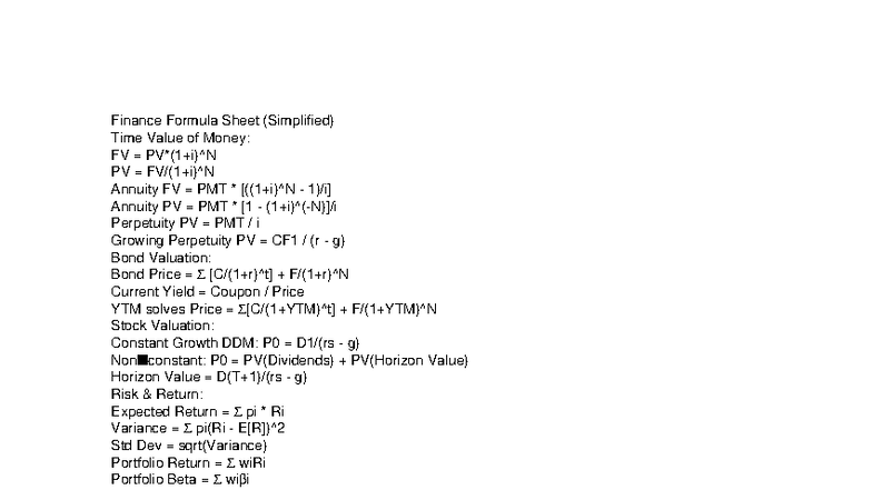 Finance formulas - asdascac - Finance Formula Sheet (Simplified) Time ...