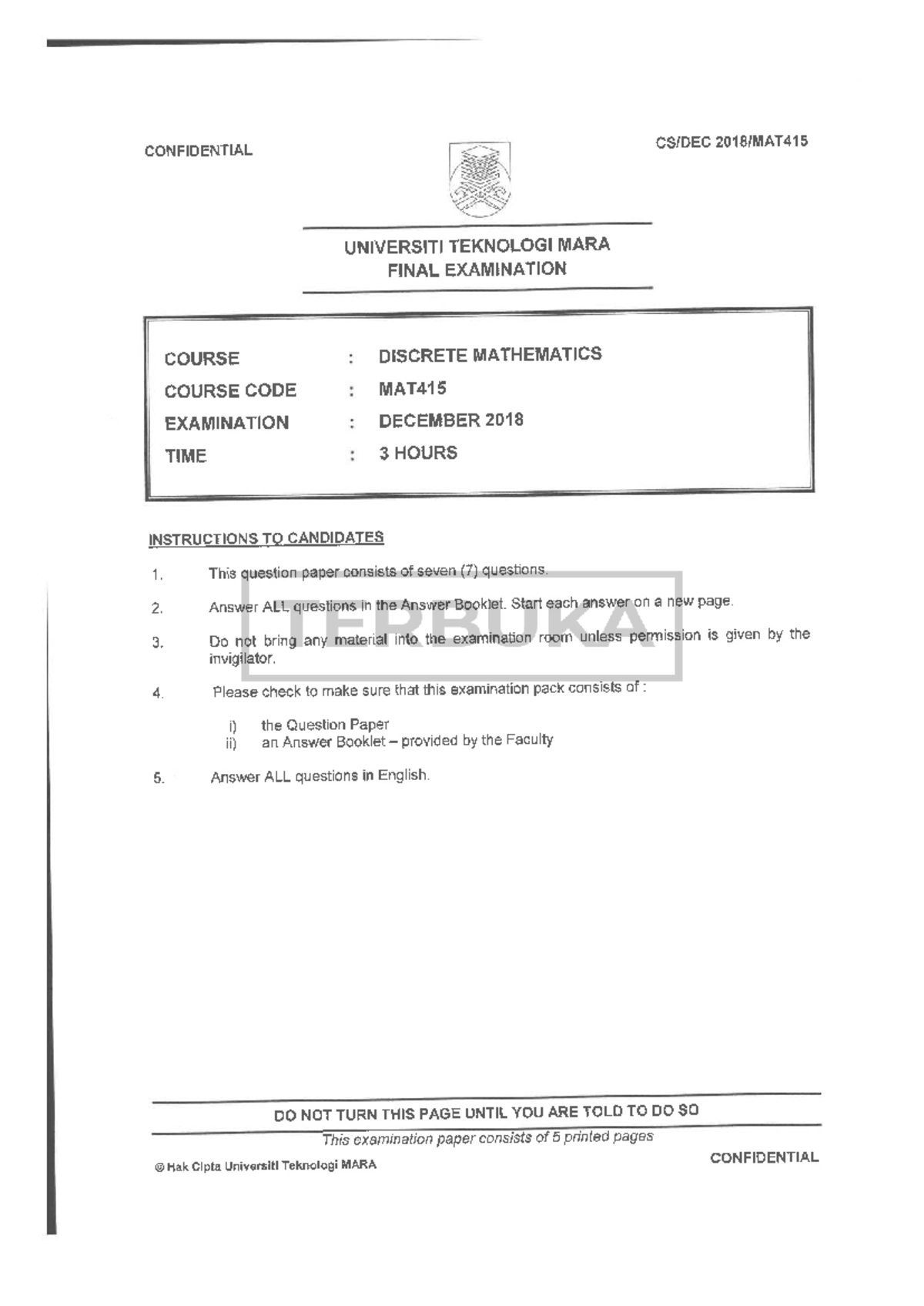 MAT415 Discrete Mathematics Final Exam Paper - December 2018 - Studocu