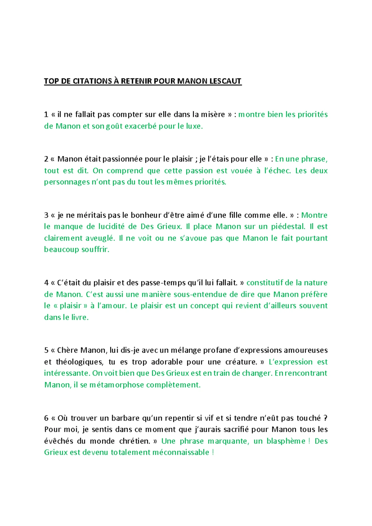 Plans d'analyse des textes de Manon Lescaut (Français 101) - Studocu