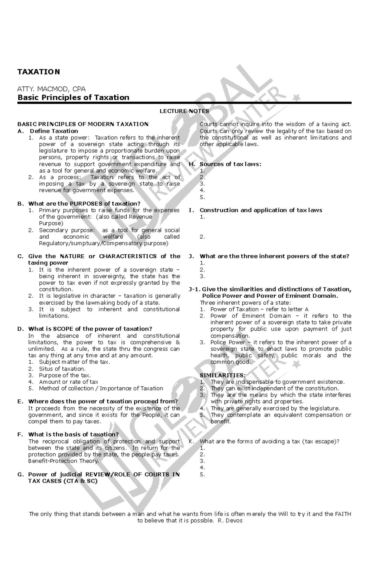 1-TAX Basic Principles of Modern Taxation: Lecture Notes - Studocu