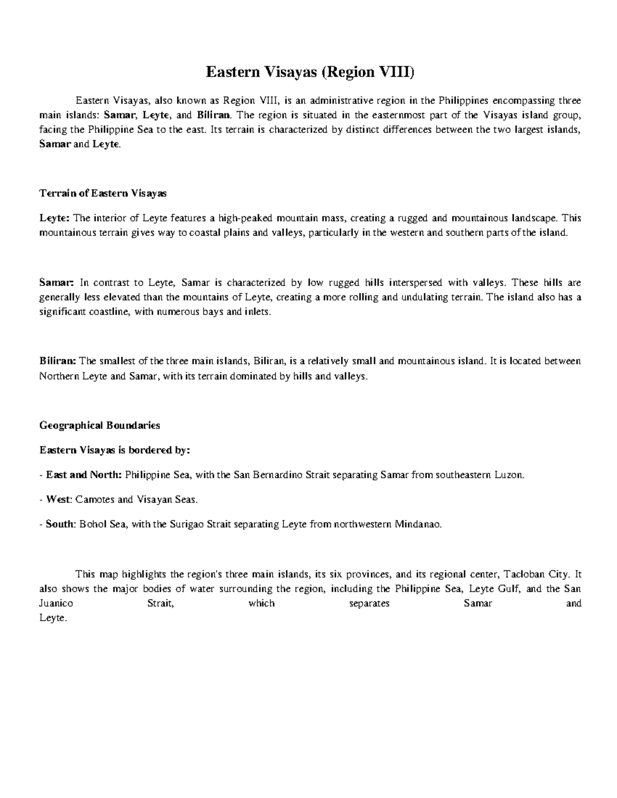 Comprehensive Overview of Eastern Visayas (Region VIII) Insights - Studocu