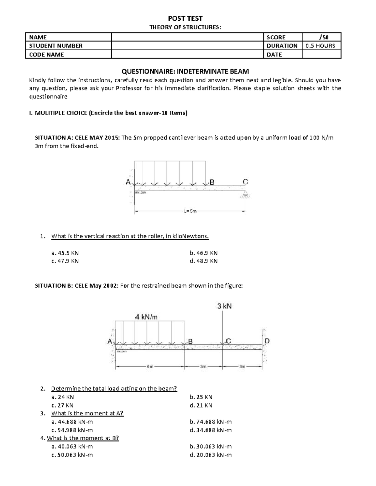 Post Test: Theory of Structures (Code: THOS) - Indeterminate Beam ...