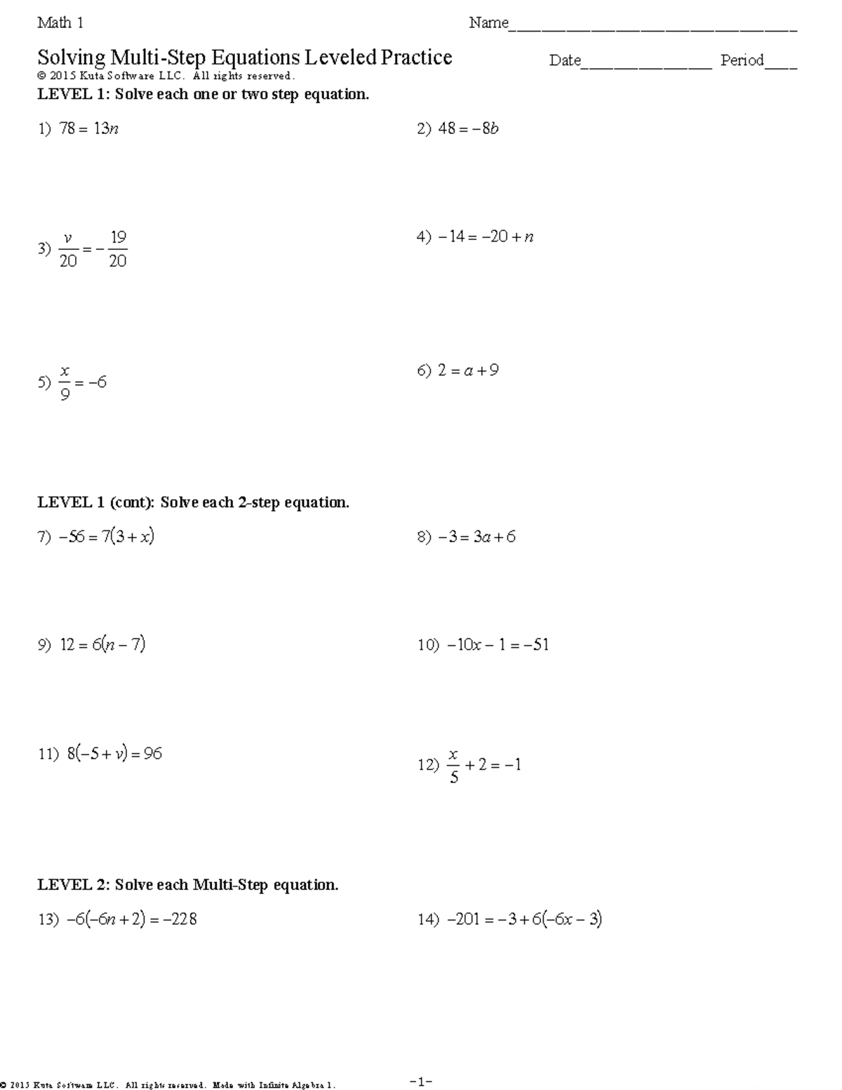 Solving Multi-Step Equations Leveled Practice - ©T H 2 b 0 d 1 j 5 H vKGu 8 t 9 ax tSmo 2 - Studocu