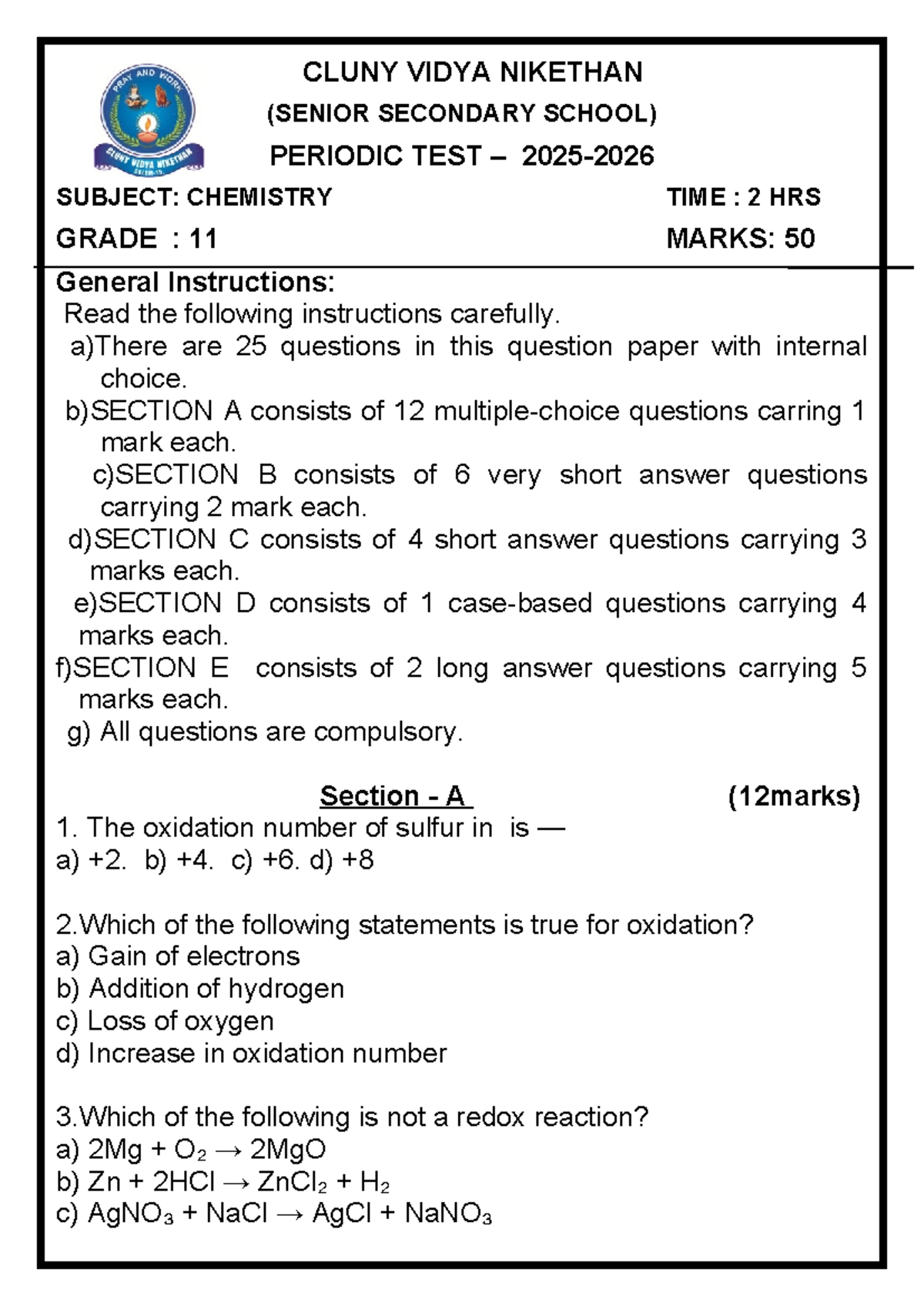 Grade 11 Chemistry Periodic Test: Redox Reactions (50 Marks) - Studocu