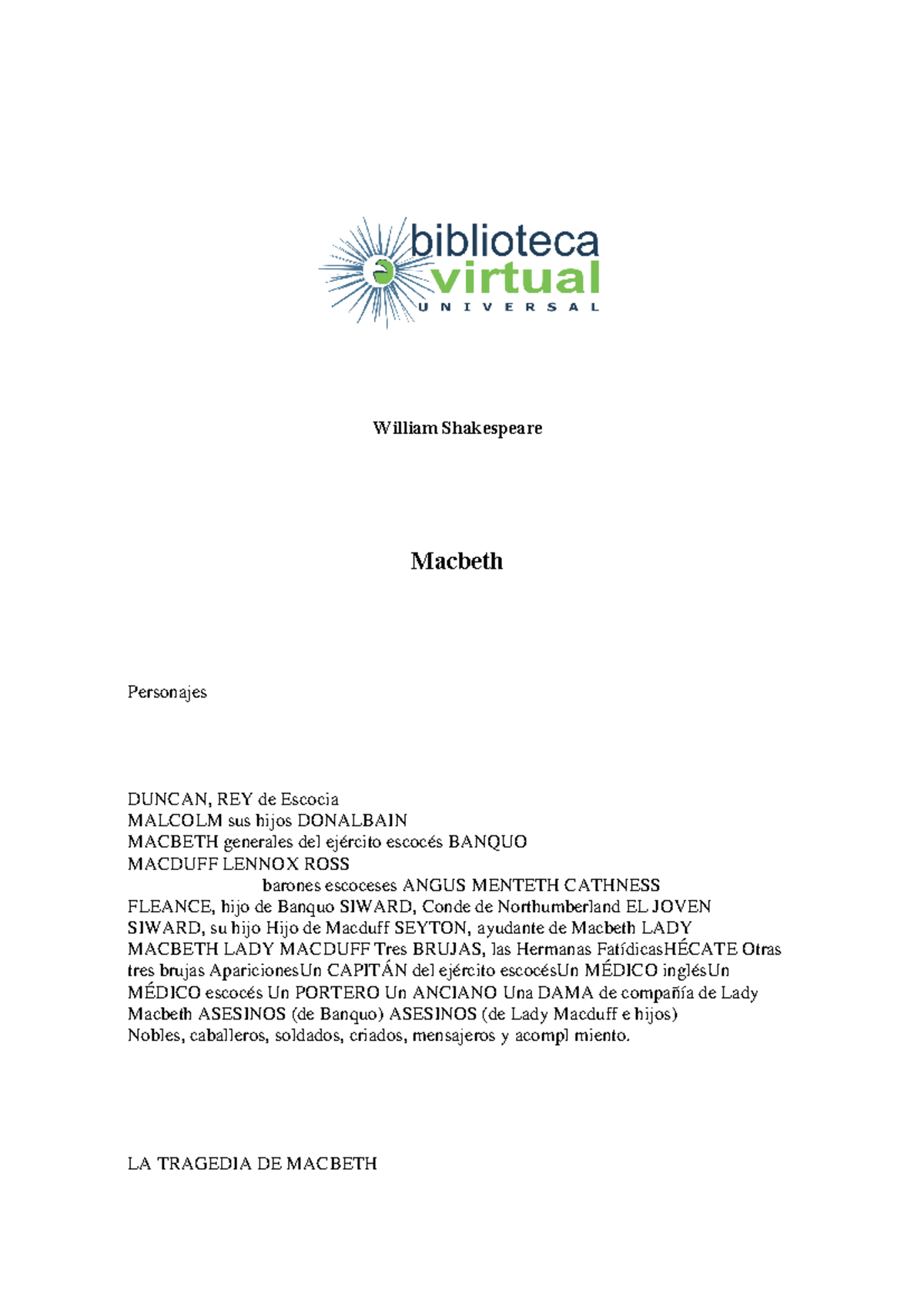 Macbeth - Teatro - William Shakespeare Macbeth Personajes DUNCAN, REY ...