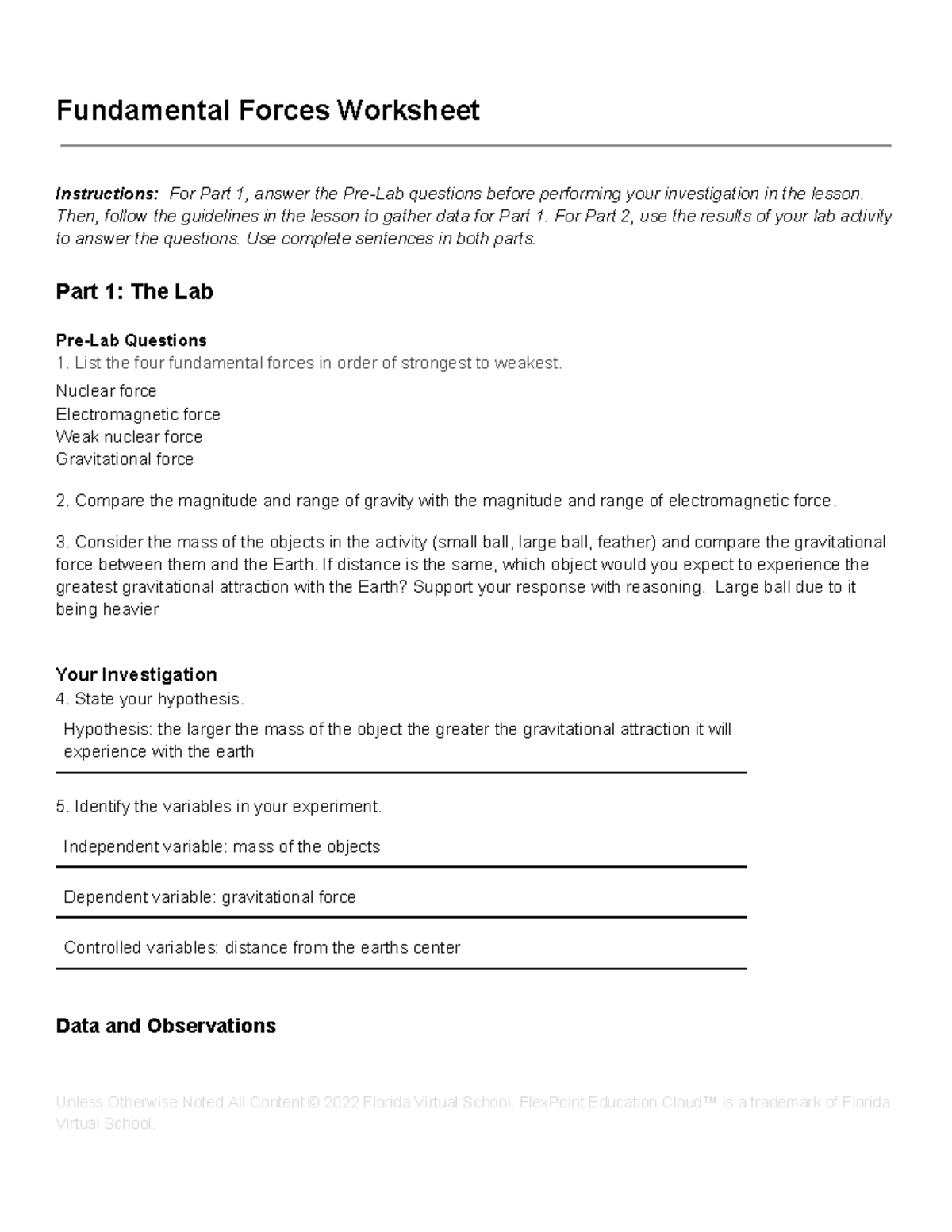 1.06 - Fundamental Forces Worksheet and Lab Investigation Guide - Studocu