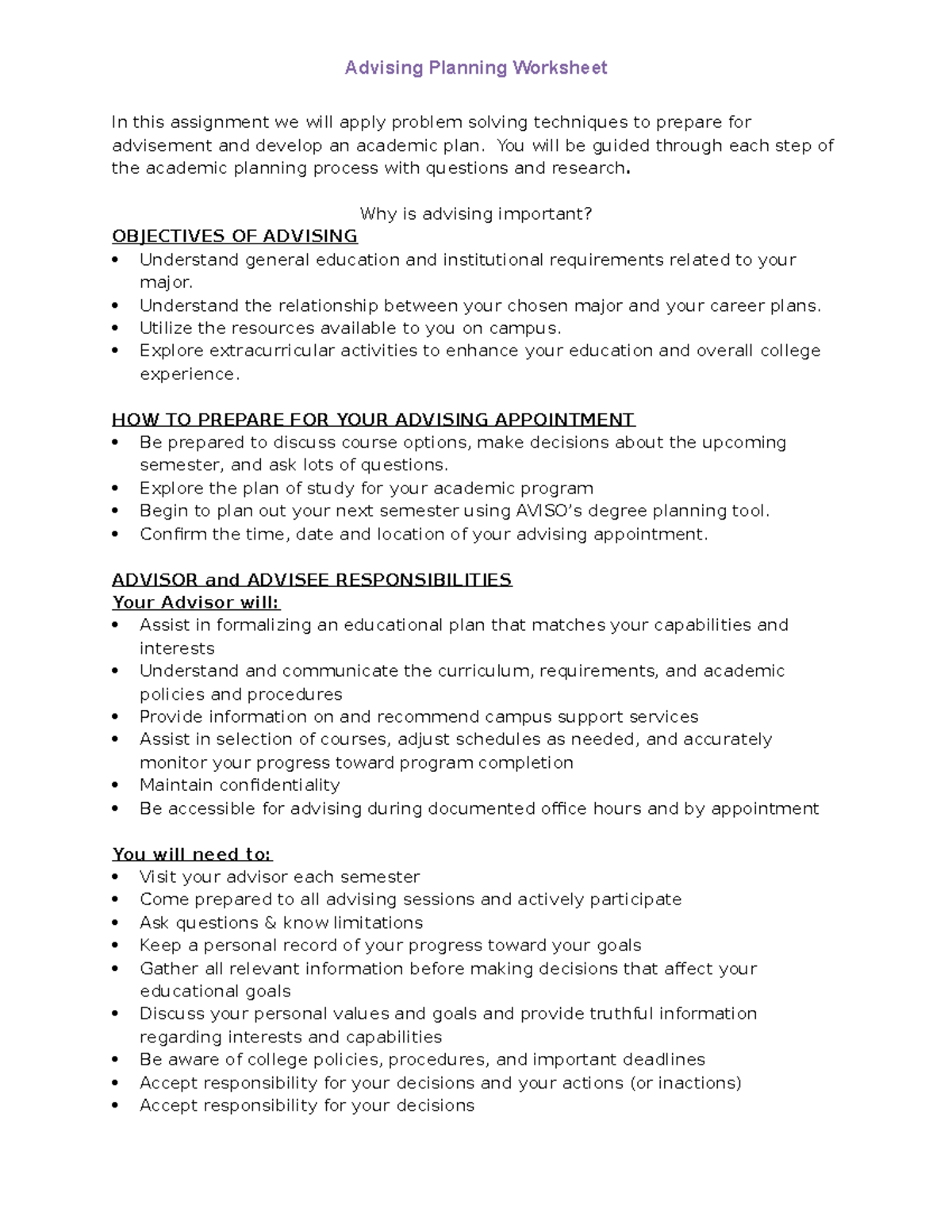 Advising Planning Worksheet - In this assignment we will apply problem ...