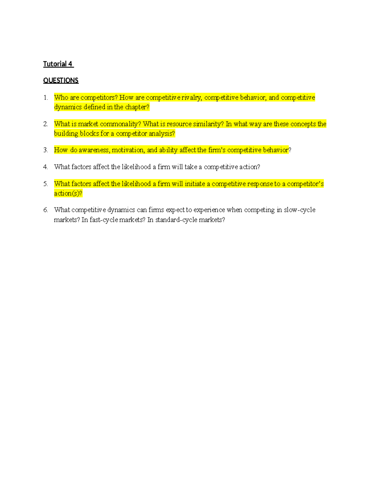 MGT703 Topic 4 tutorial (1) - Tutorial 4 QUESTIONS Who are competitors ...