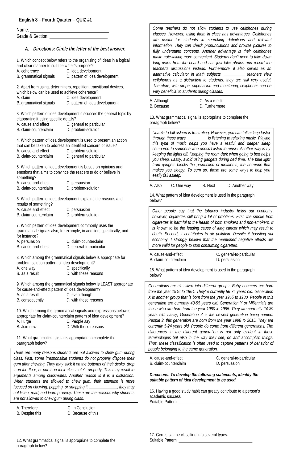 Quarter 4 Quiz #1: Understanding Patterns of Idea Development - Studocu