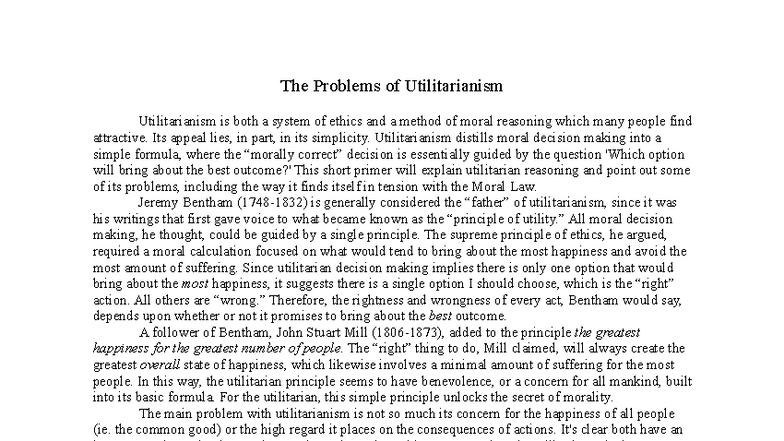 Problems of Utilitarianism and Moral Law Conflict (PHIL 101) - Studocu