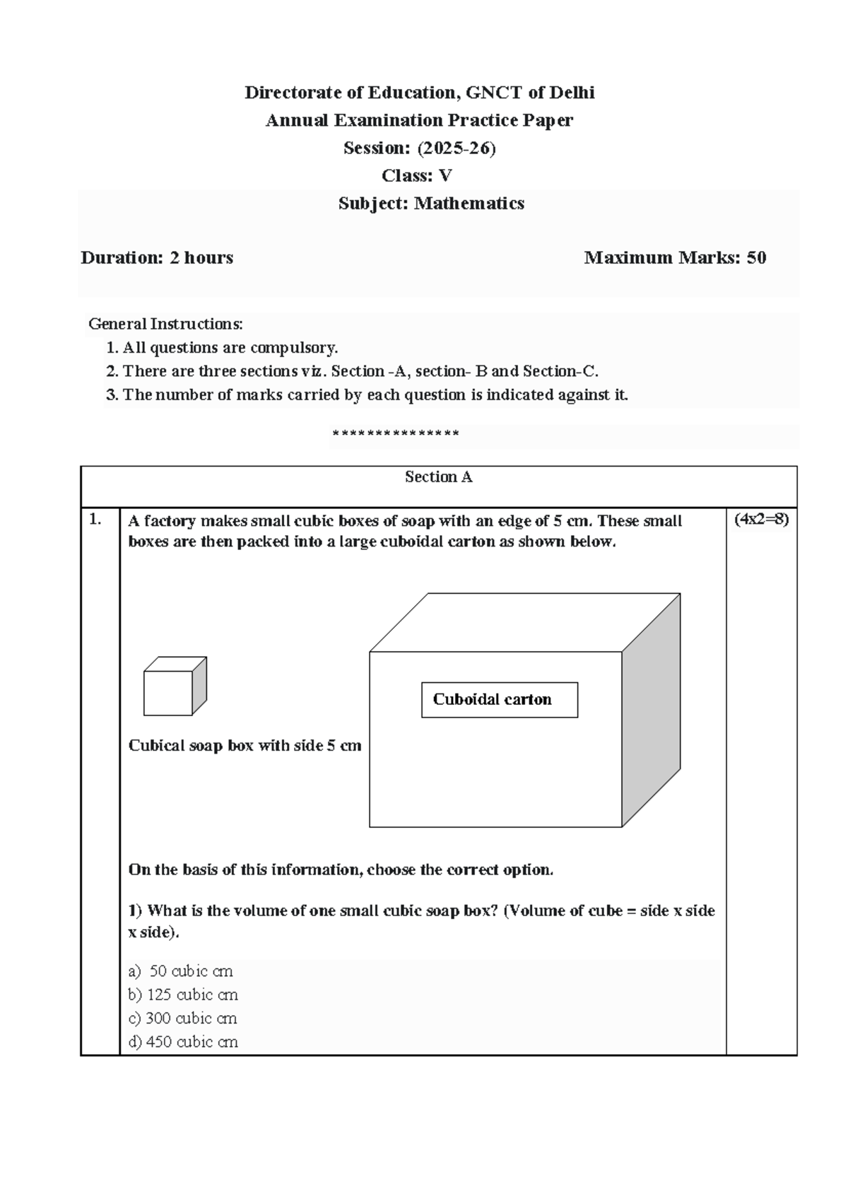 Mathematics Annual Exam Practice Paper - Class V (2025) - Studocu