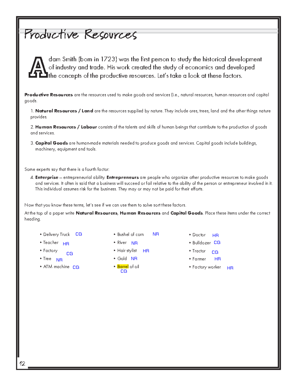 L1 - Factors of Production - 12 Productive Resources A dam Smith (born ...