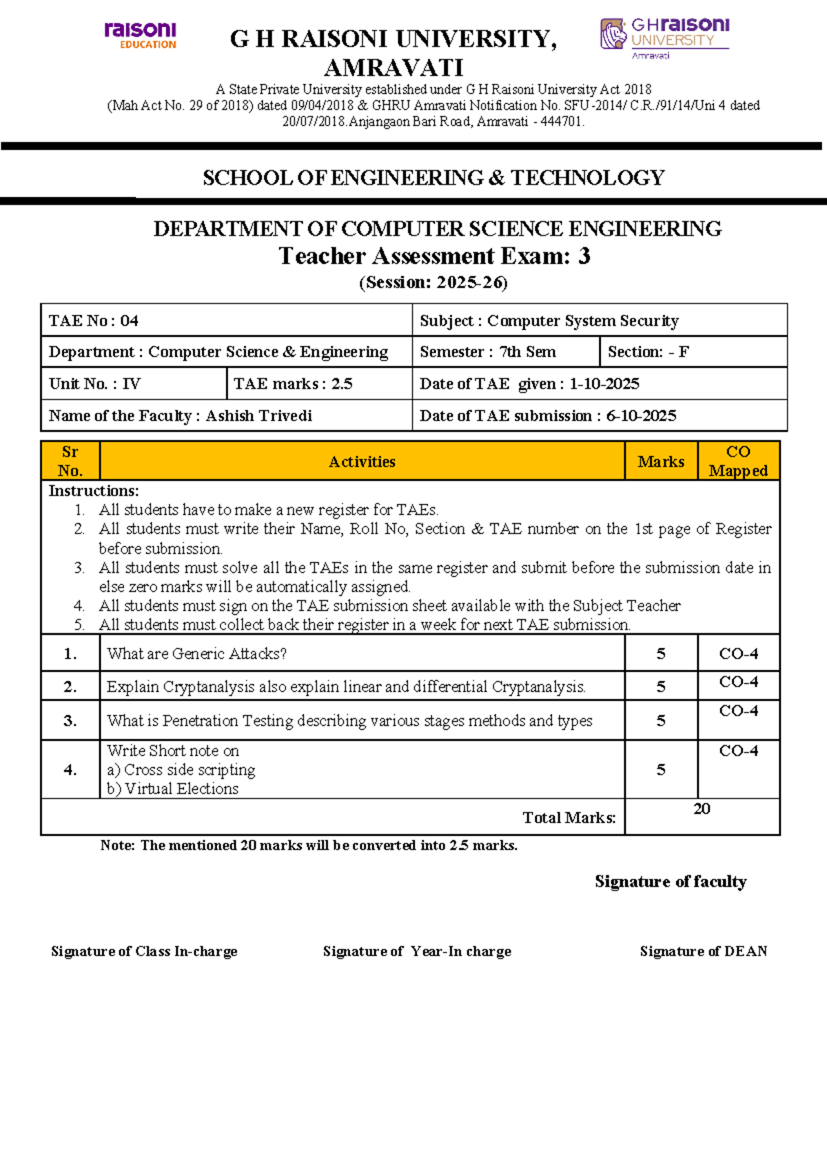 CSS 7th Sem TAE 4: Computer System Security Exam Notes - Studocu