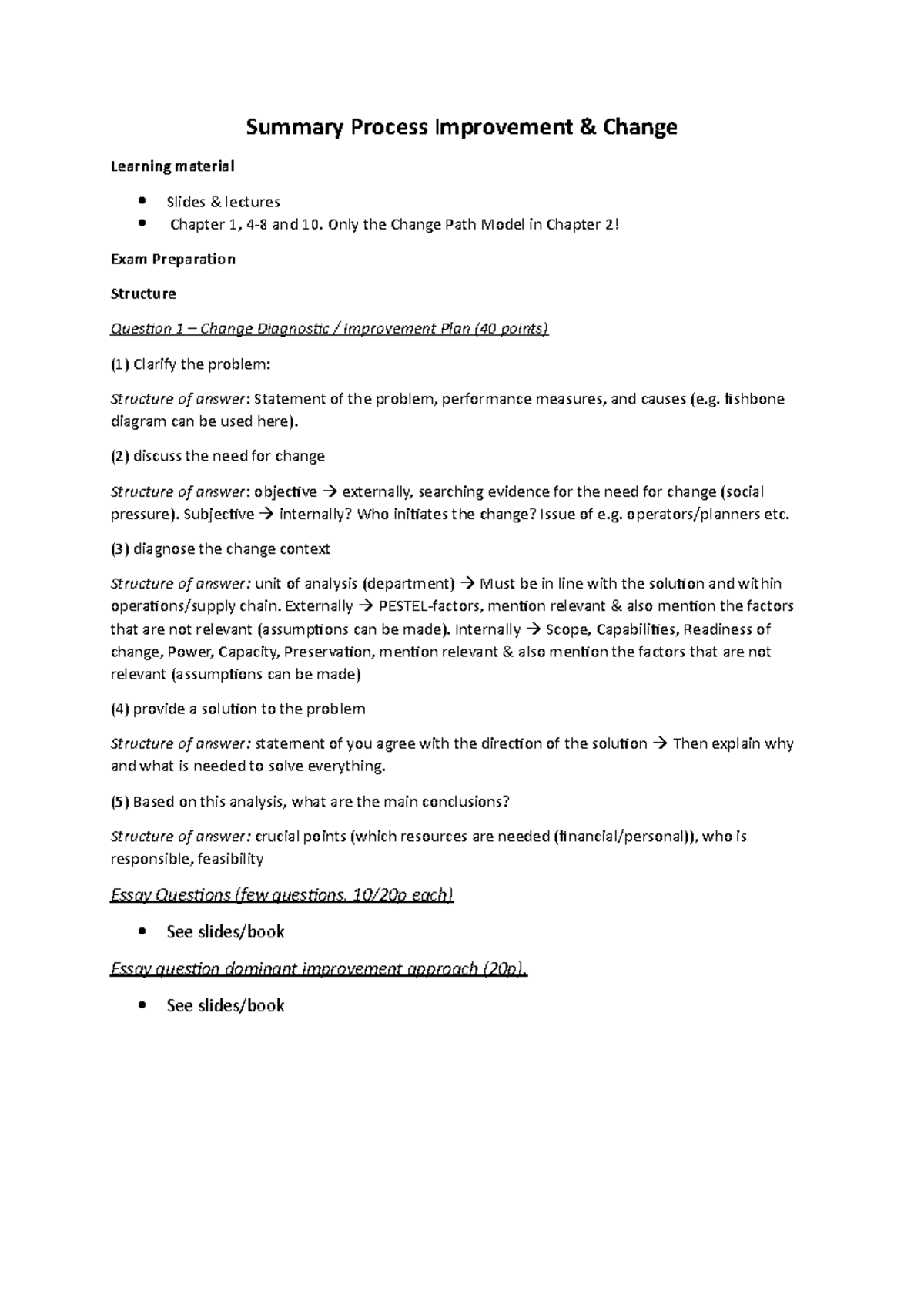 Summary of Process Improvement & Change Management Strategies - Studeersnel