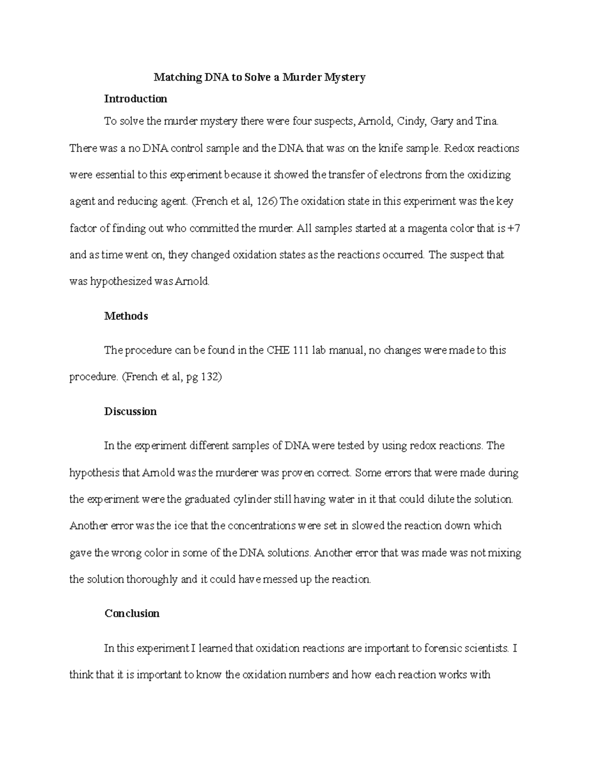Experiment 8 - Lab Report: DNA Analysis in Murder Mystery - Studocu