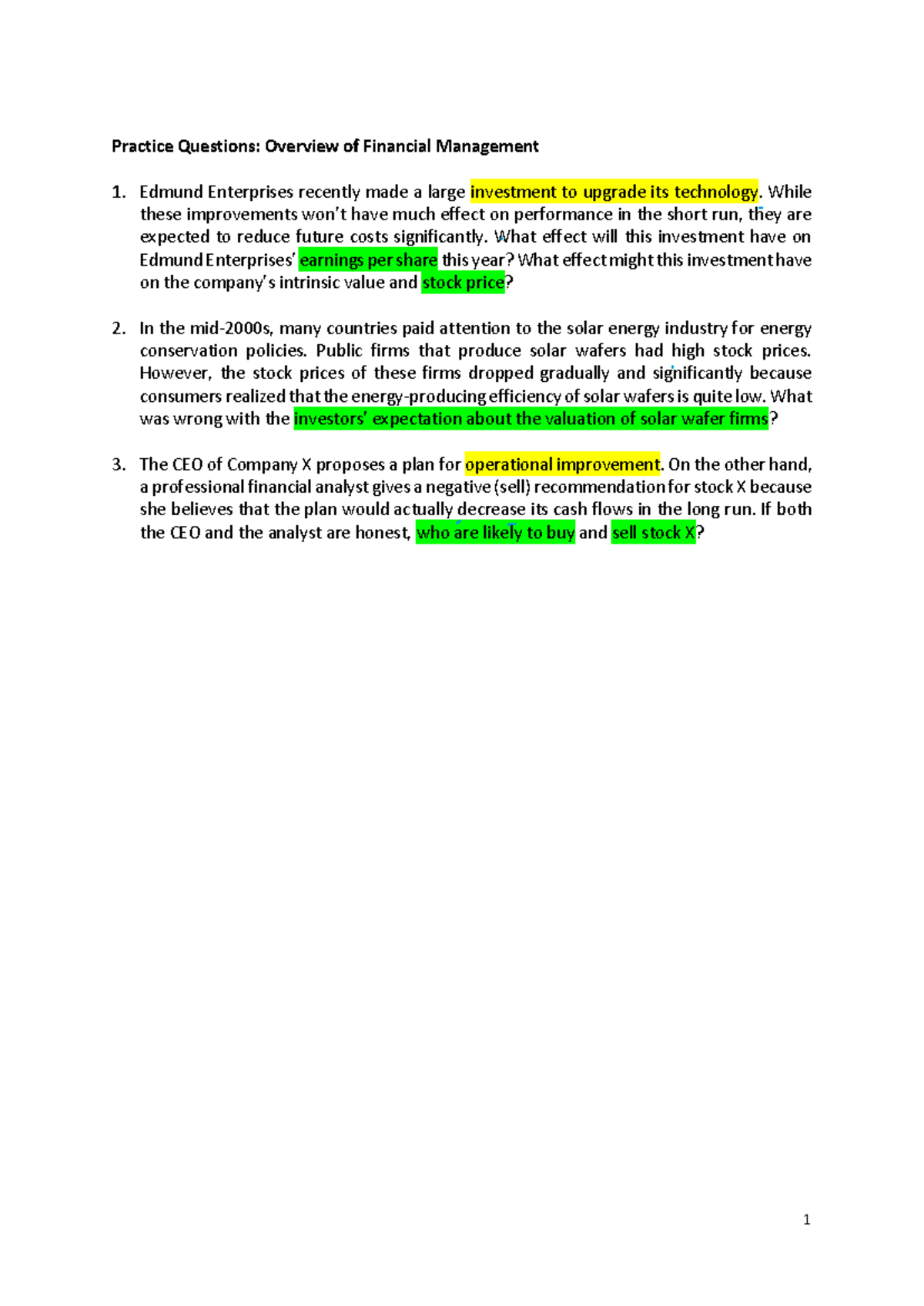 Practice Questions: Financial Management Overview (FM101) - Studocu