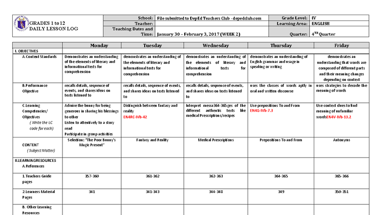 Sample Daily Lesson Log (DLL) for Grades 1-12: Week 2 (Jan 30 - Feb 3 ...