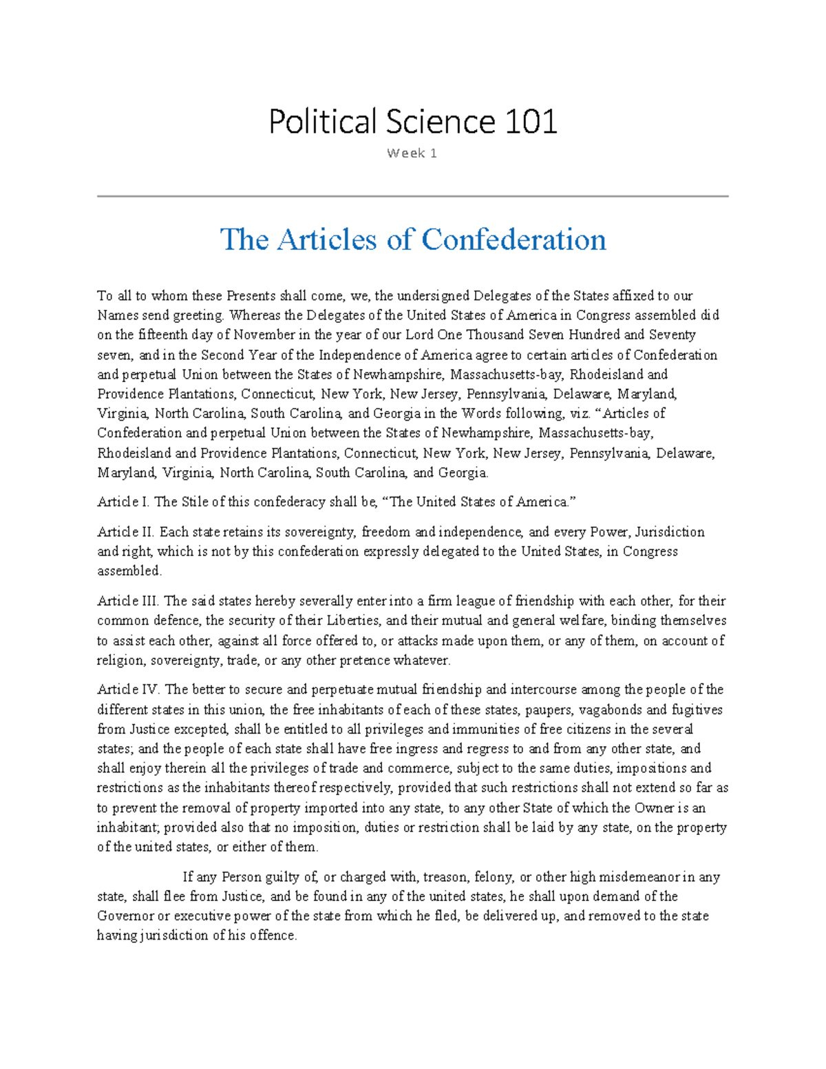 Political Science 101 Week 1: The Articles of Confederation Overview ...
