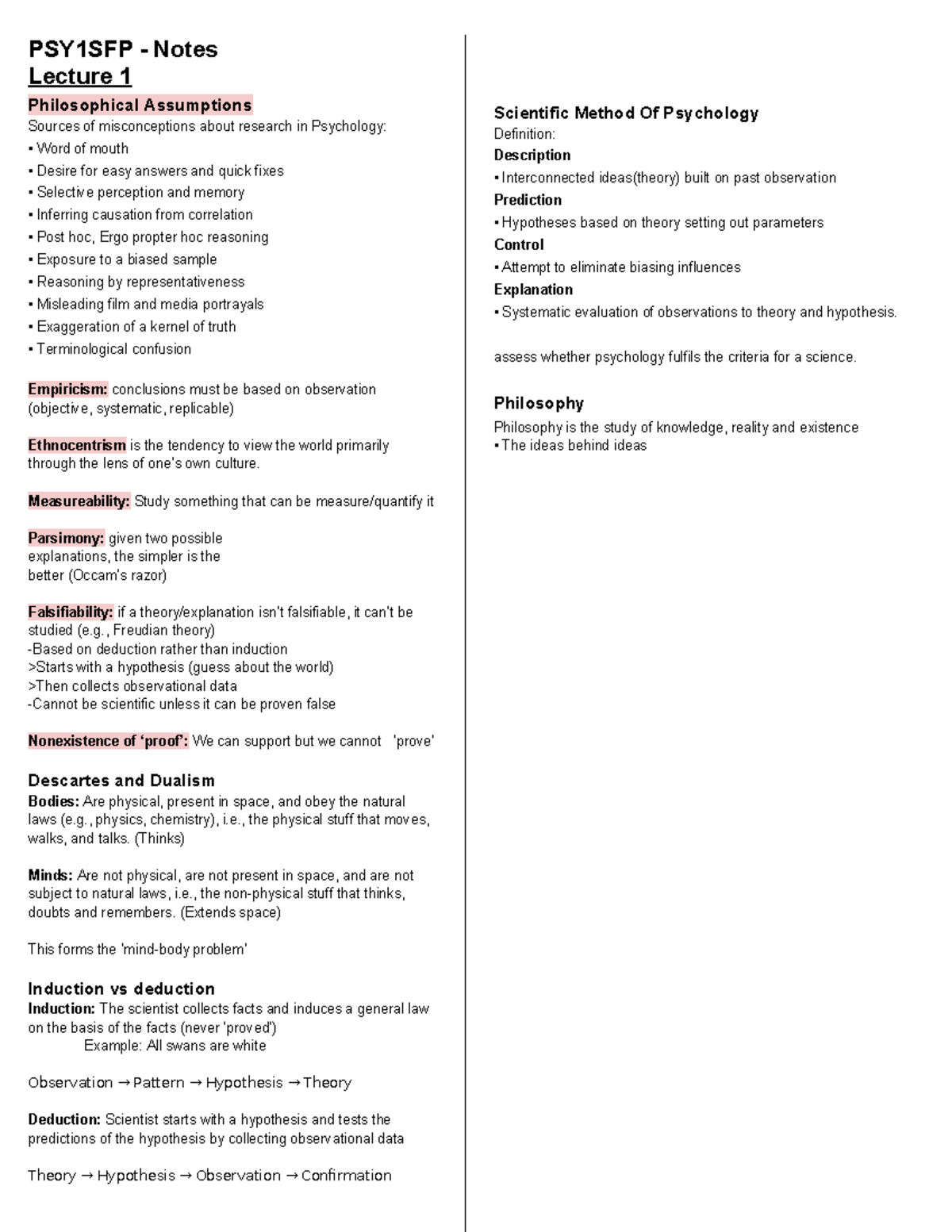 PSY1SFP Lecture Notes: Philosophical Assumptions & Research Methods ...