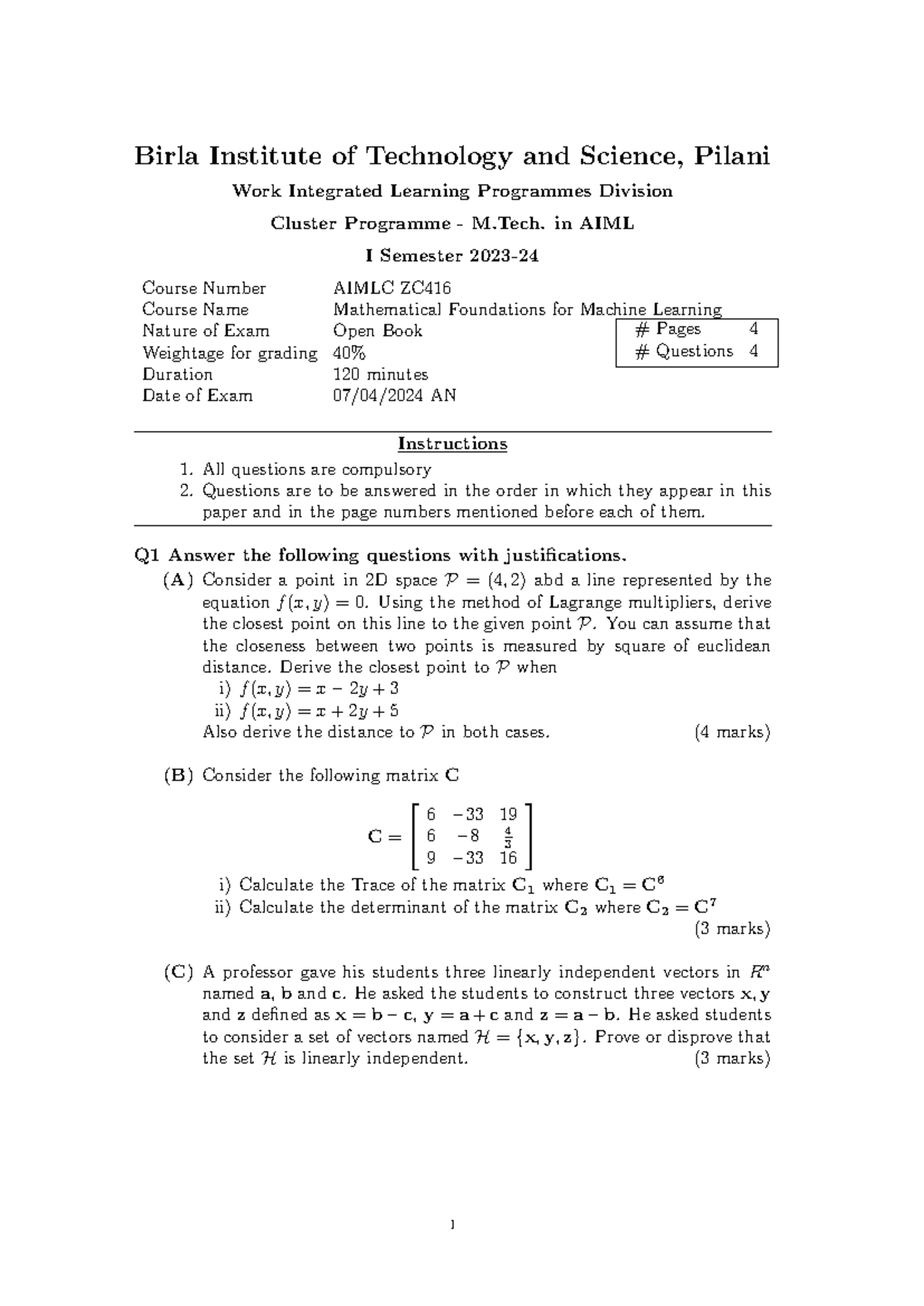 M.Tech AIML ZC416 Mathematical Foundations for ML - Exam Paper 2024 ...