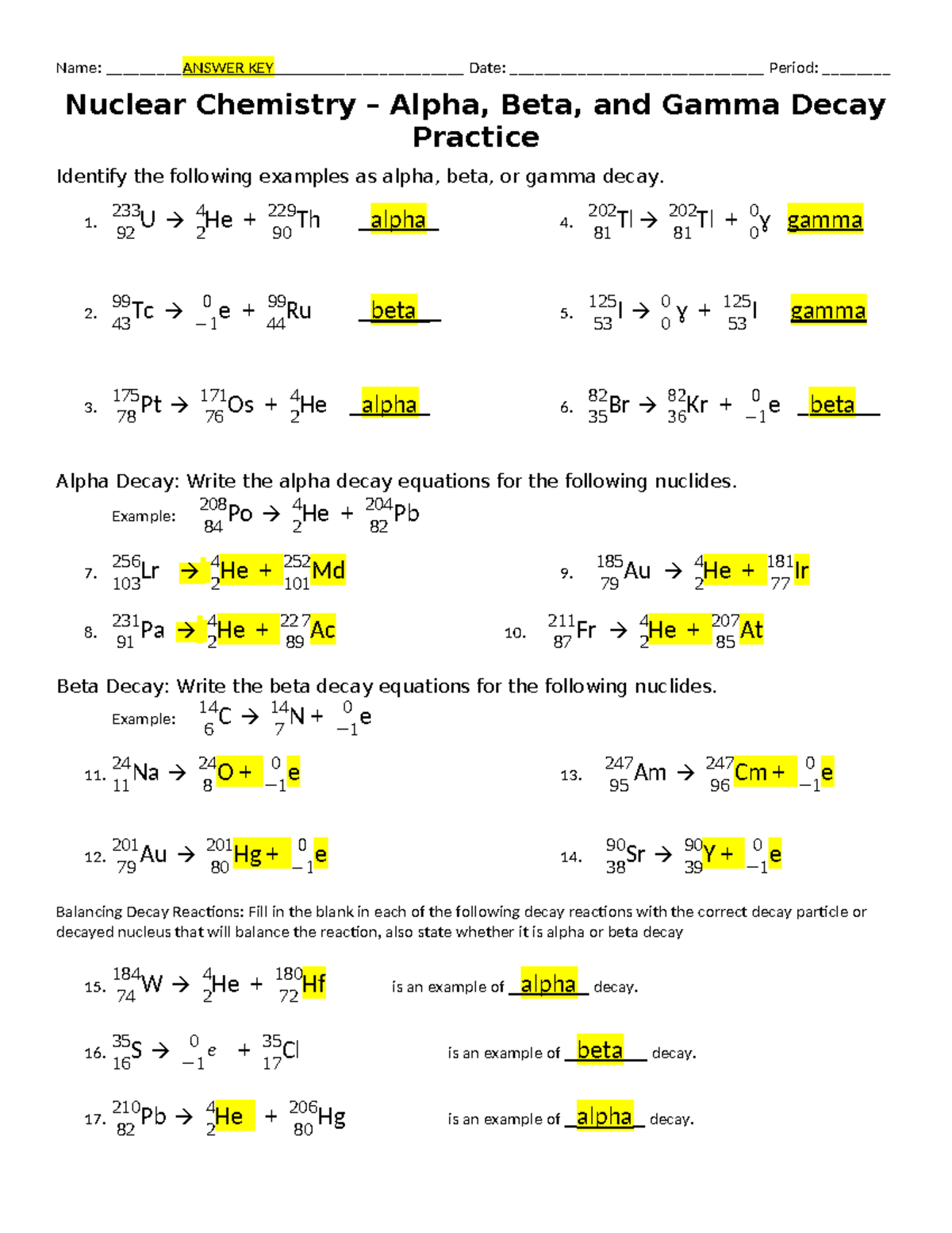 Nuclear Chemistry Practice: Alpha, Beta, and Gamma Decay (KEY) - Studocu