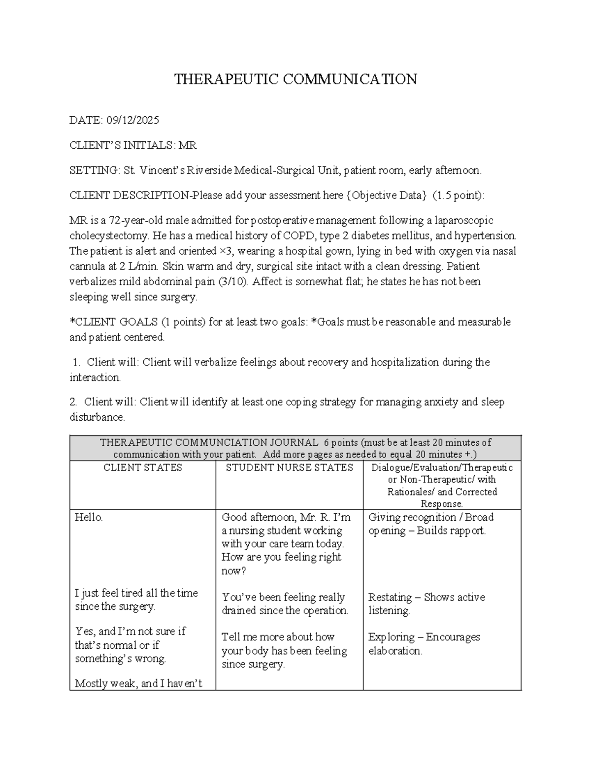 Therapeutic Communication Journal: Patient MR Post-Op Care (Fall 2025 ...