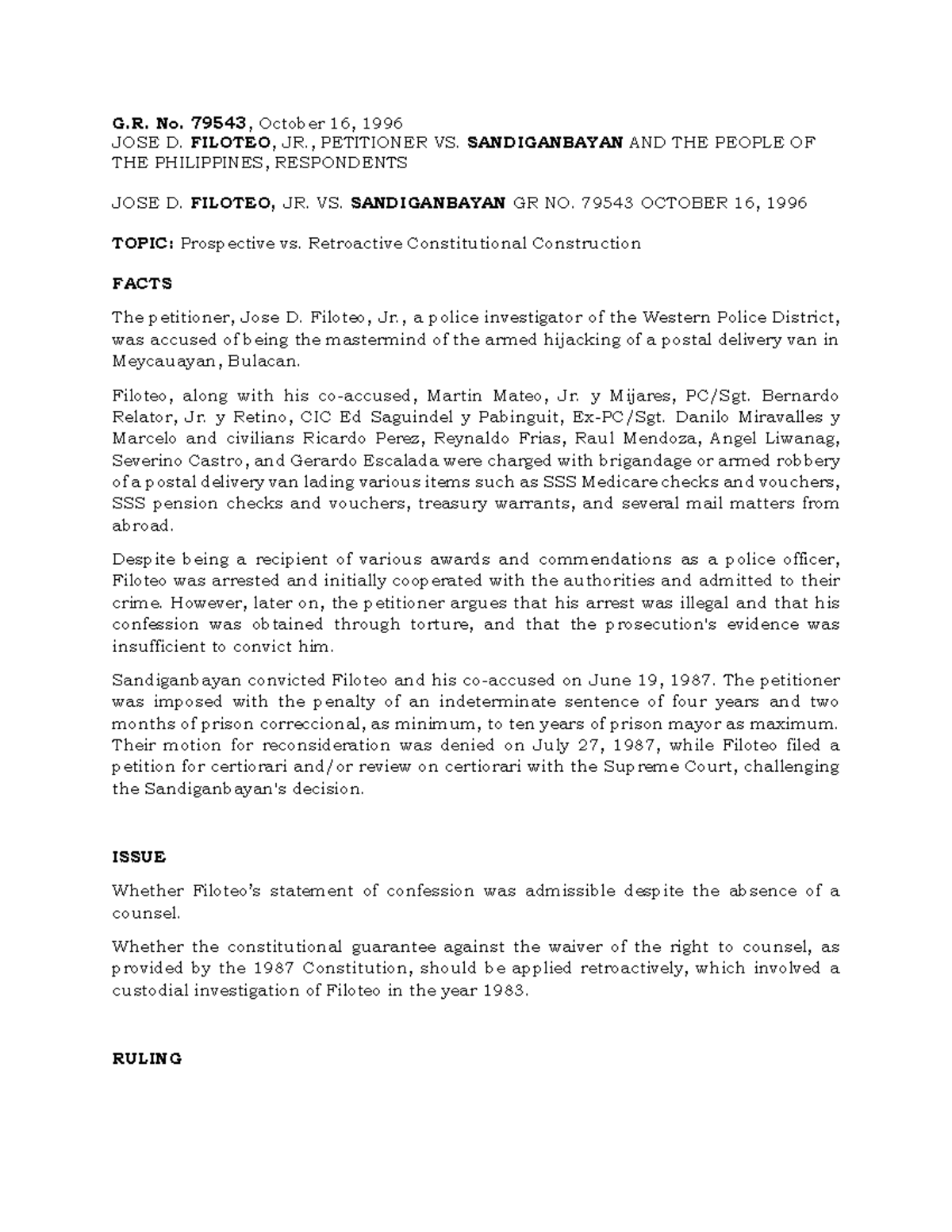 Jose D. Filoteo, Jr. v. Sandiganbayan GR No. 79543: Constitutional ...