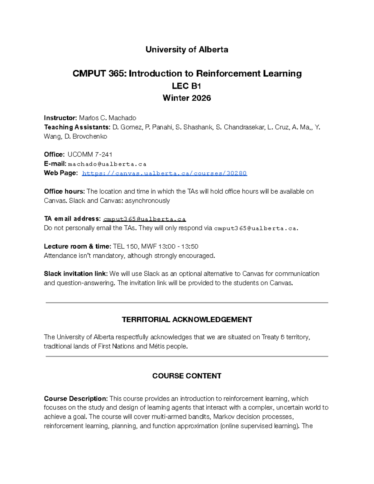 CMPUT 365: Intro to Reinforcement Learning Syllabus Winter 2026 - Studocu