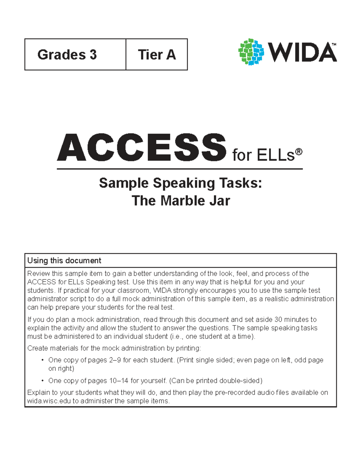 ACCESS for ELLs Gr 3 Tier A Sample Speaking Tasks: The Marble Jar - Studocu